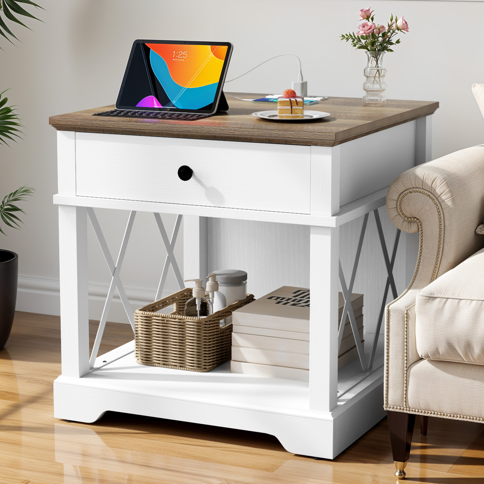 August Grove Farmhouse Side Tables With Power Outlets & Drawer ...