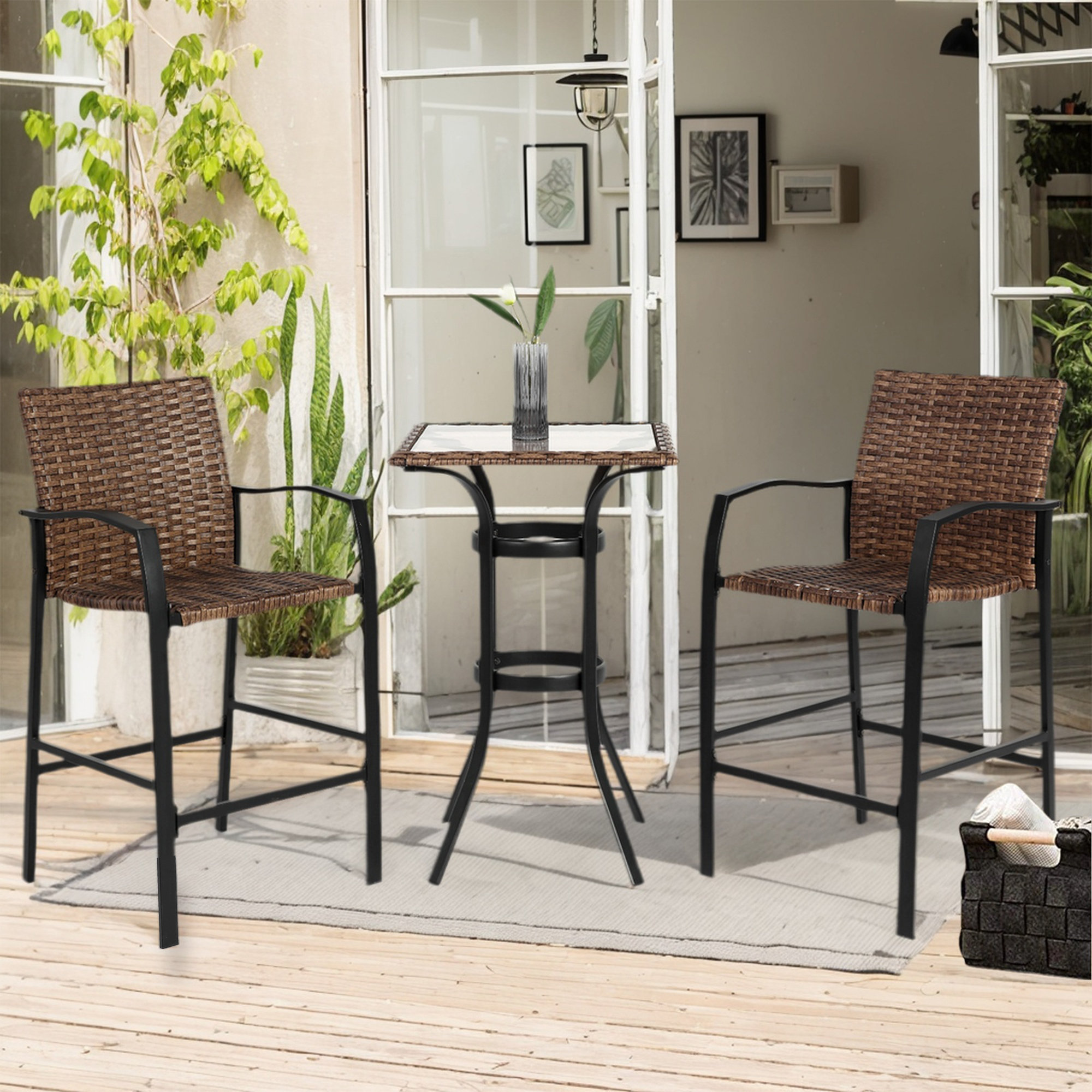Lark Manor™ 3 Piece Patio Bar Set, Outdoor Wicker Counter Height Bar ...