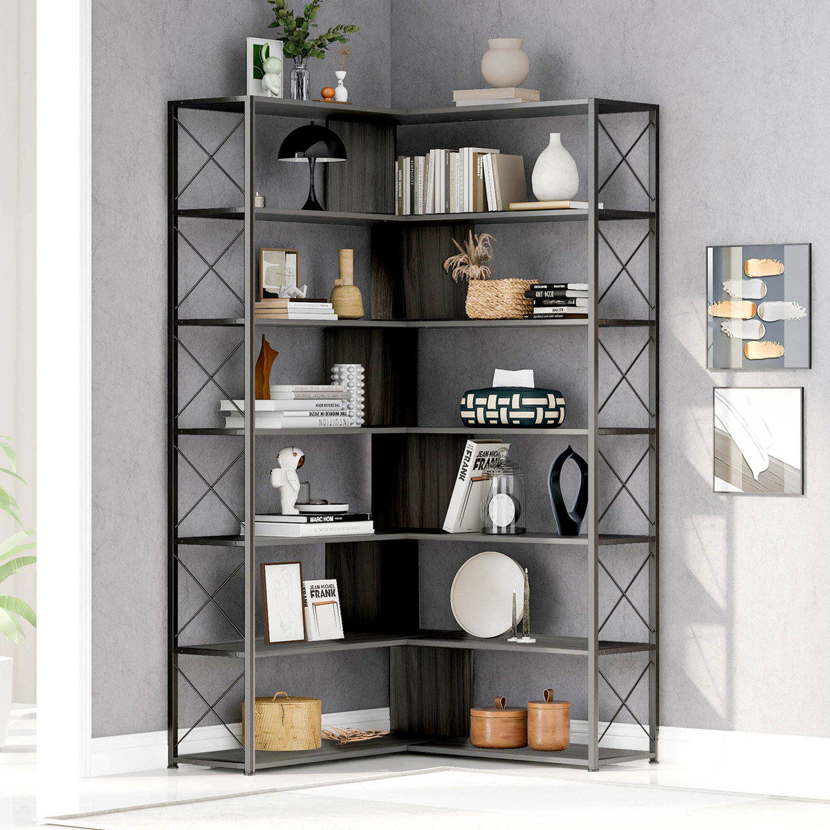 Red Barrel Studio® Silver+Grey 7-Tier Bookcase Home Office Bookshelf, L ...