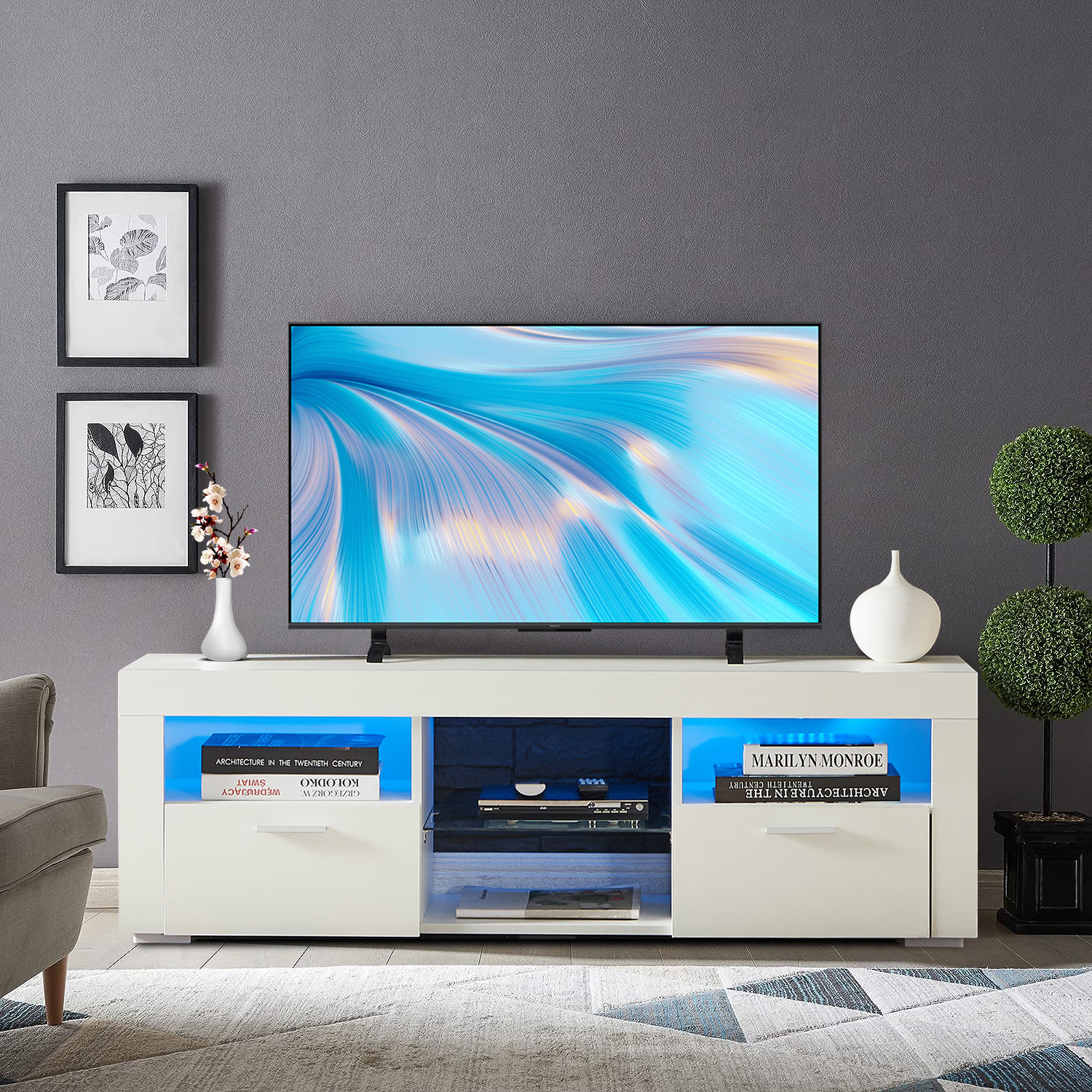 Ebern Designs High quality with LED lights Media Console with cabinets ...