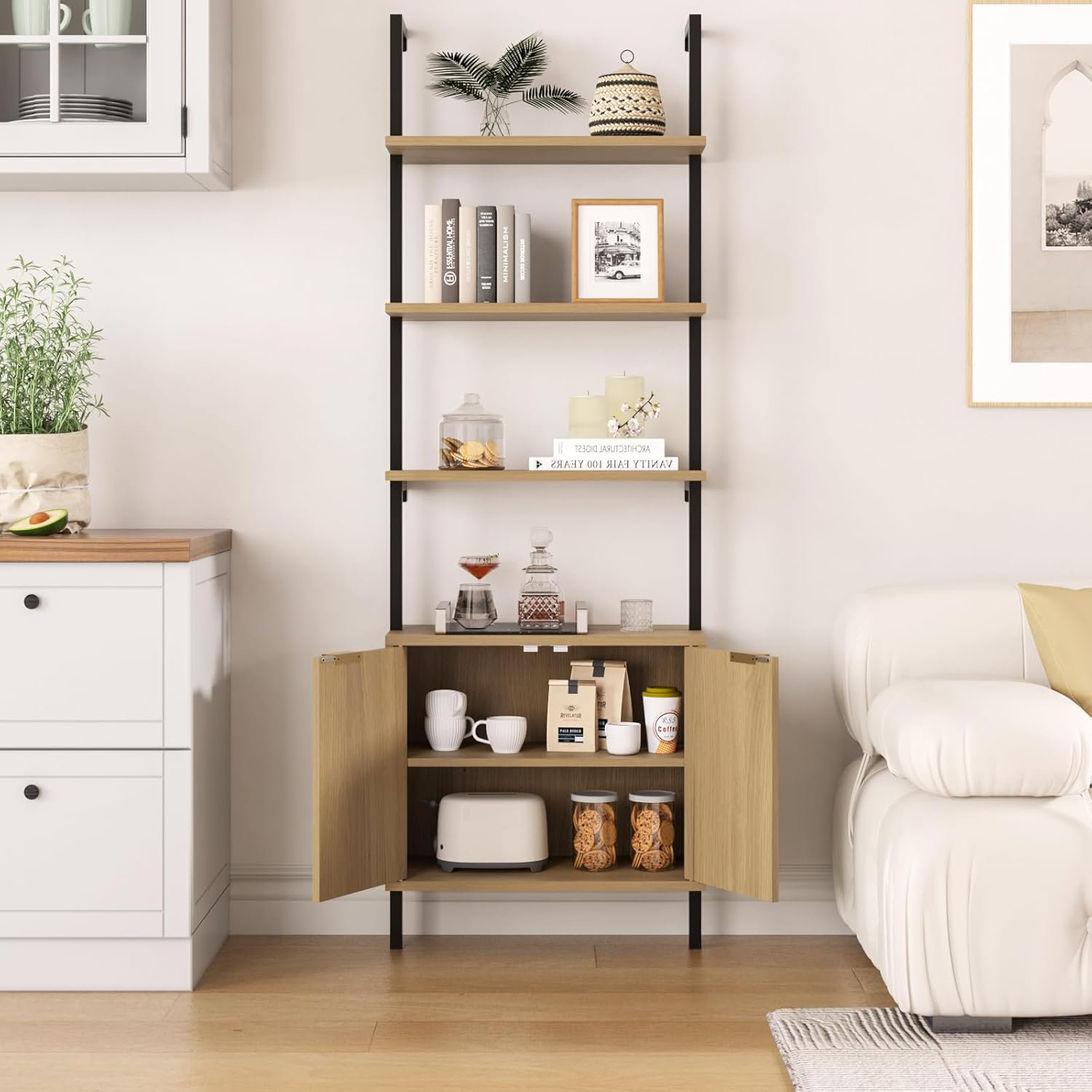 17 Stories 3 Tier Ladder Shelf With Storage Cabinet Fluted Ladder ...