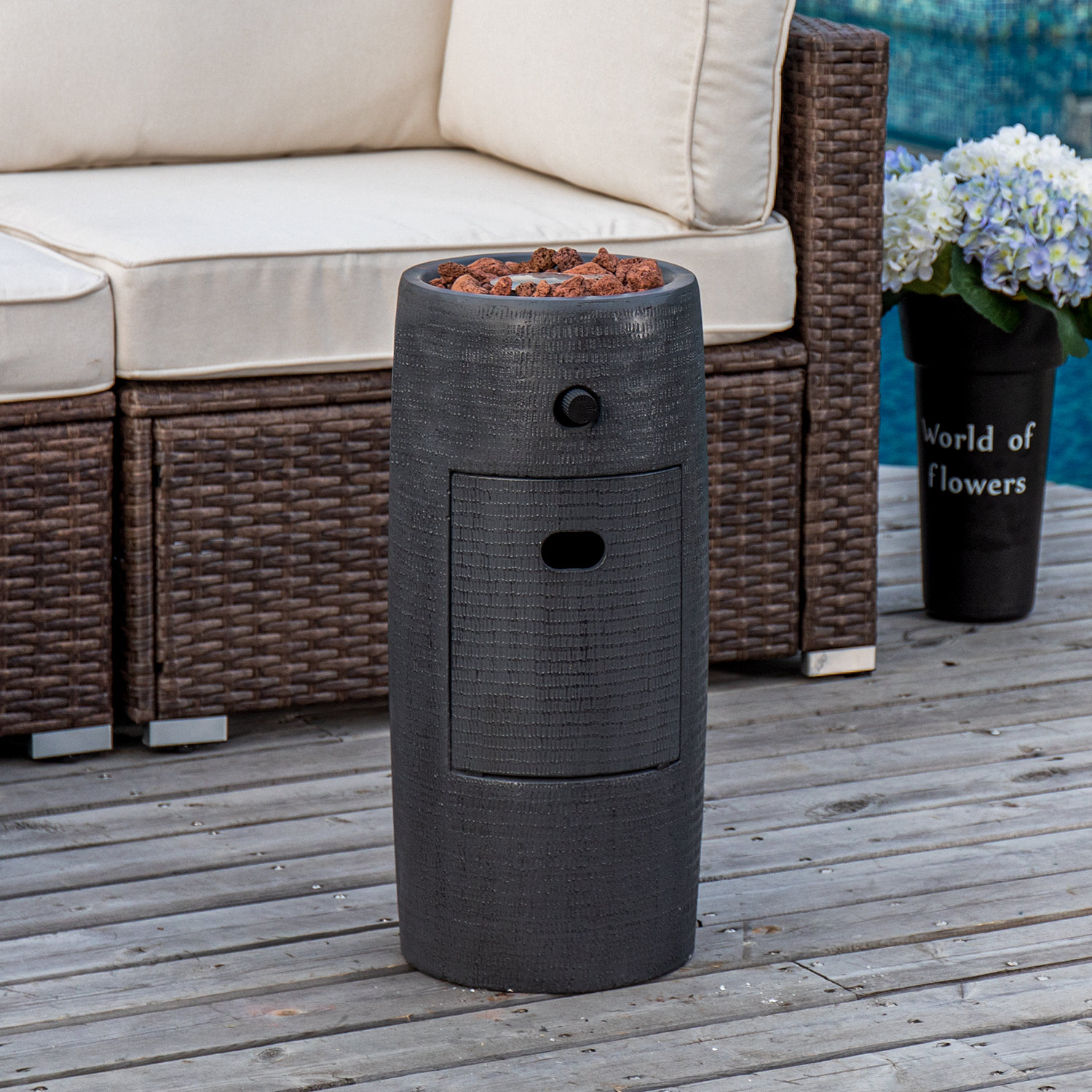 Latitude Run® Round15,001 BTU Fire Column With Lava Rocks, Grey ...