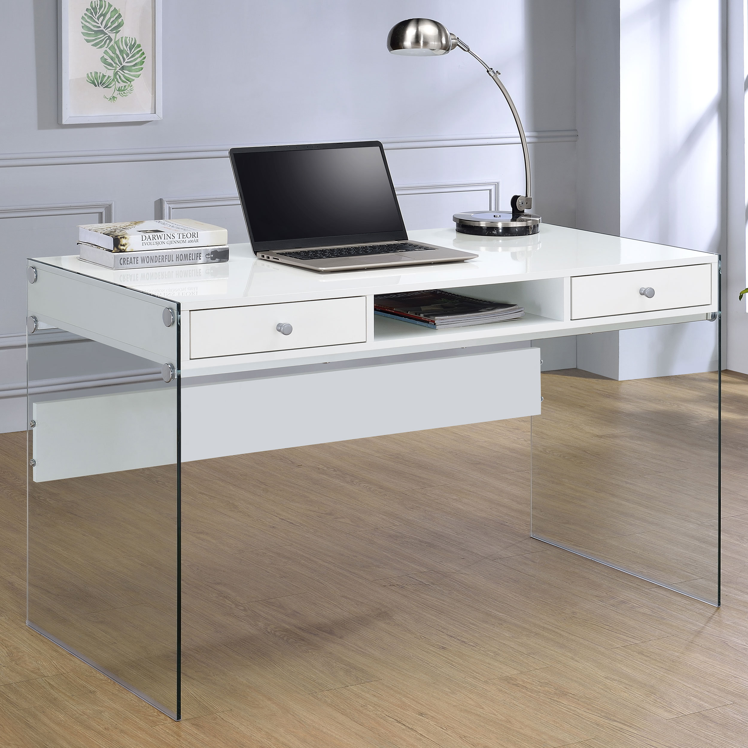 Ebern Designs Dobrev 48-inch 2-drawer Writing Desk White High Gloss ...