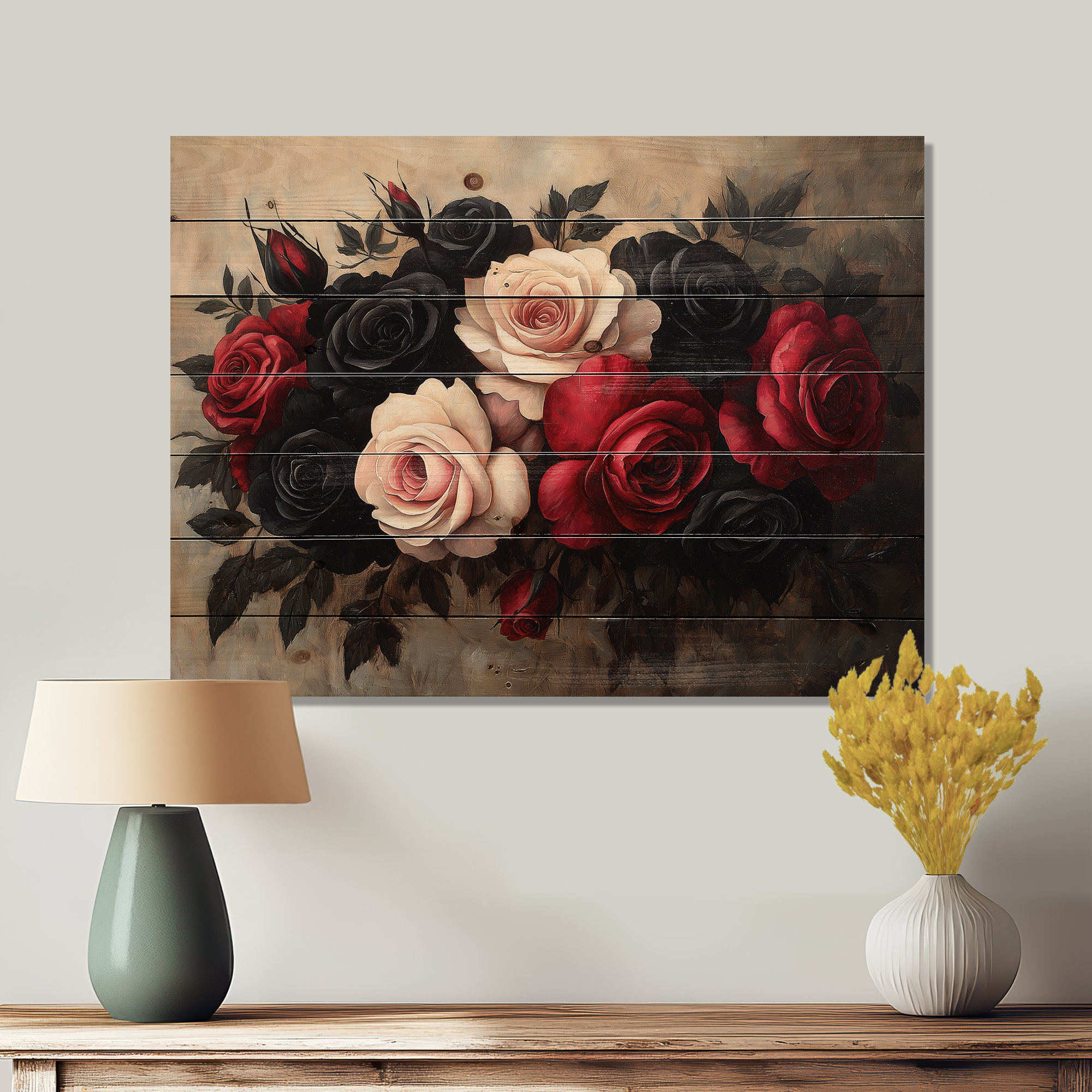 Ophelia & Co. Midnight Pink Red Roses Bouquet - Roses Wood Wall Art ...