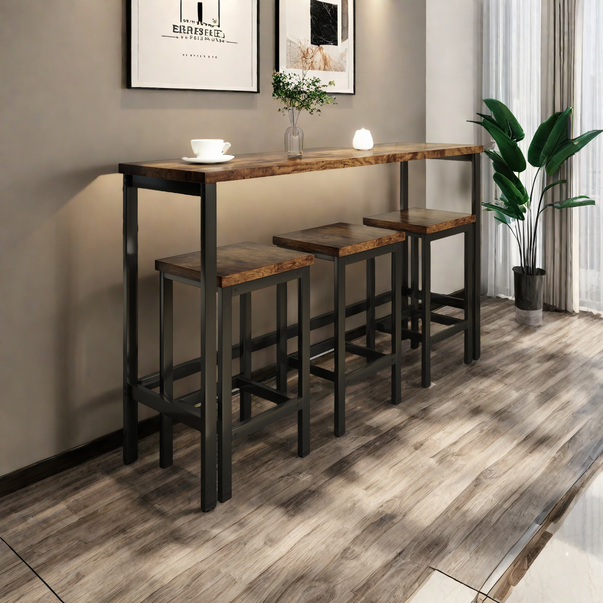 17 Stories Counter Height Extra Long Dining Table Set With 3 Stools Pub ...