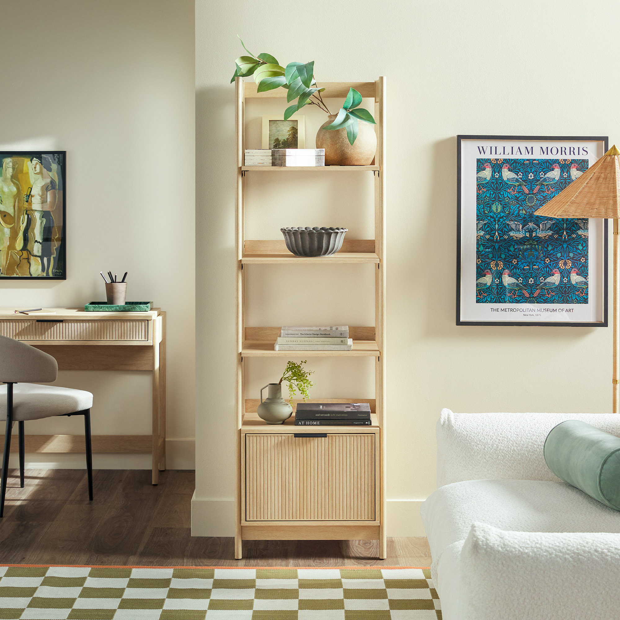 Skinny bookshelf with drawers store
