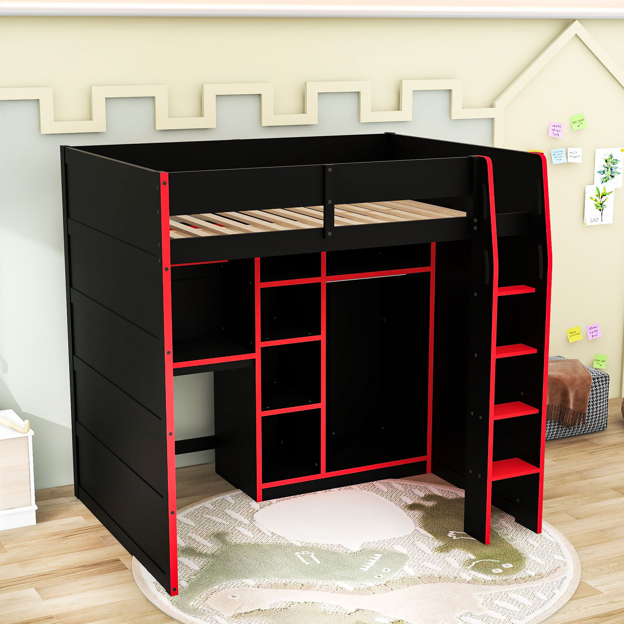 Harriet Bee Loft Bed With Desk, Wardrobe And RGB Lights | Wayfair
