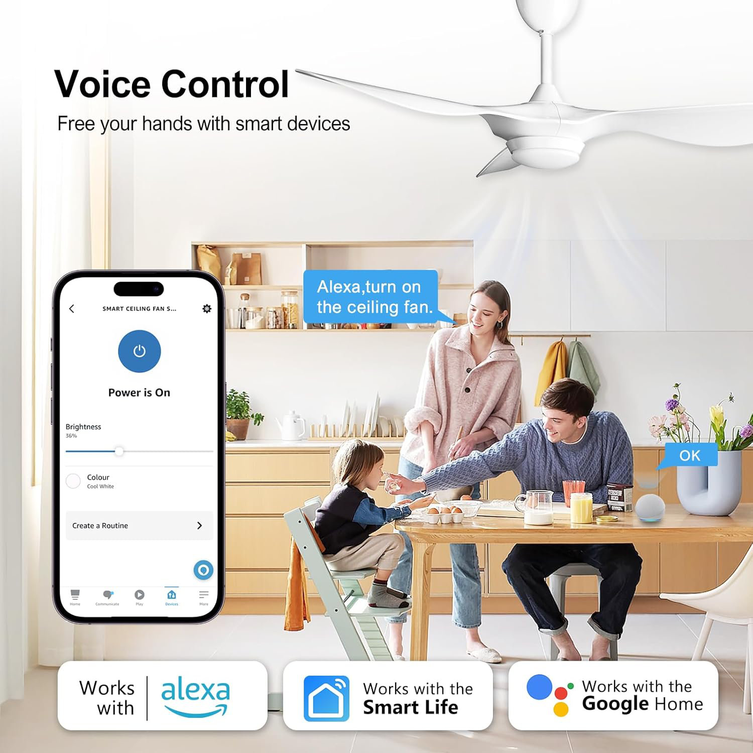 INKEDZ 52 Inch Smart White Ceiling Fan with Light and Remote, ETL ...