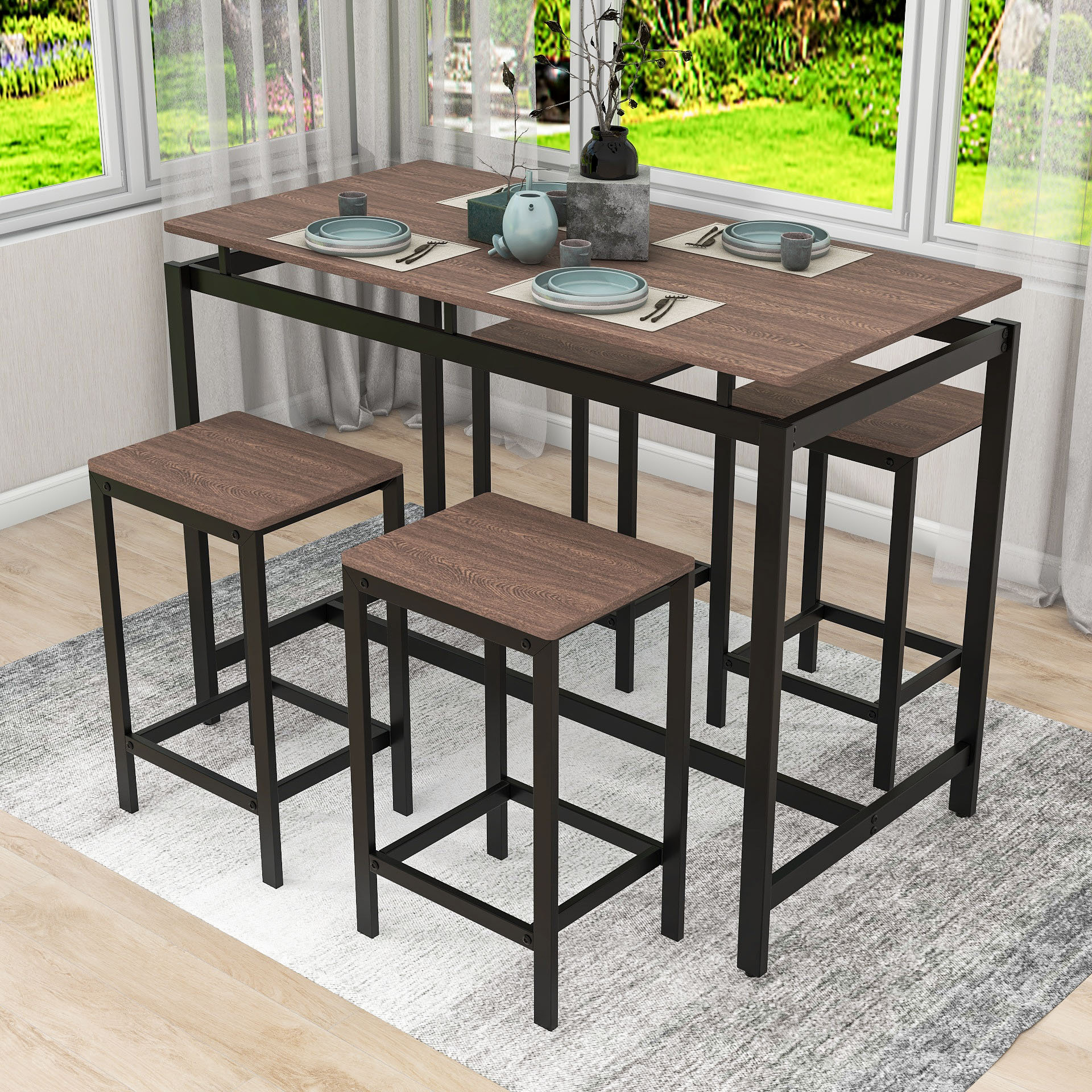 17 Stories Mari 5-Piece Modern Bar Table Set with 4 Stools for Dining ...