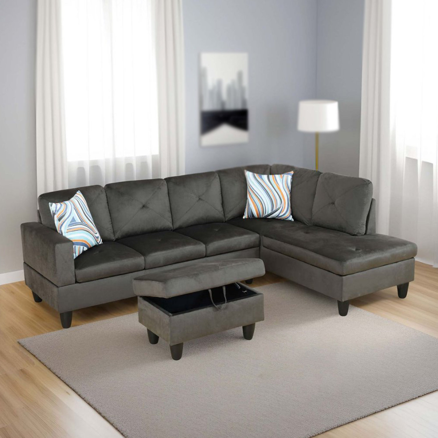 House of Hampton® Flannel Sectional Couches Set, Modular 3-Piece L ...