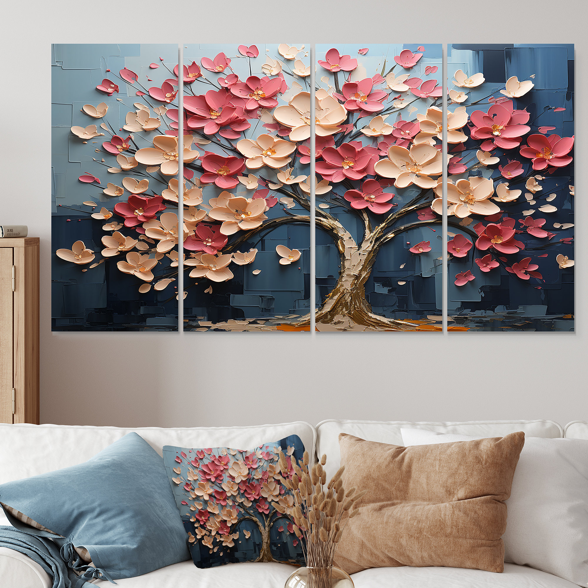 Ebern Designs Dynamic White And Pink Petals Tree V - Tree 4 Piece Wall ...