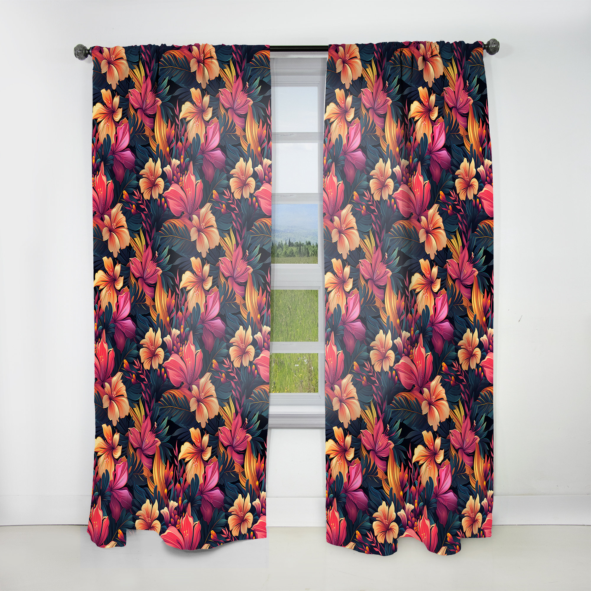 Design Art Tropic Sunset Tropical Pattern - Floral Curtain - Velvet ...