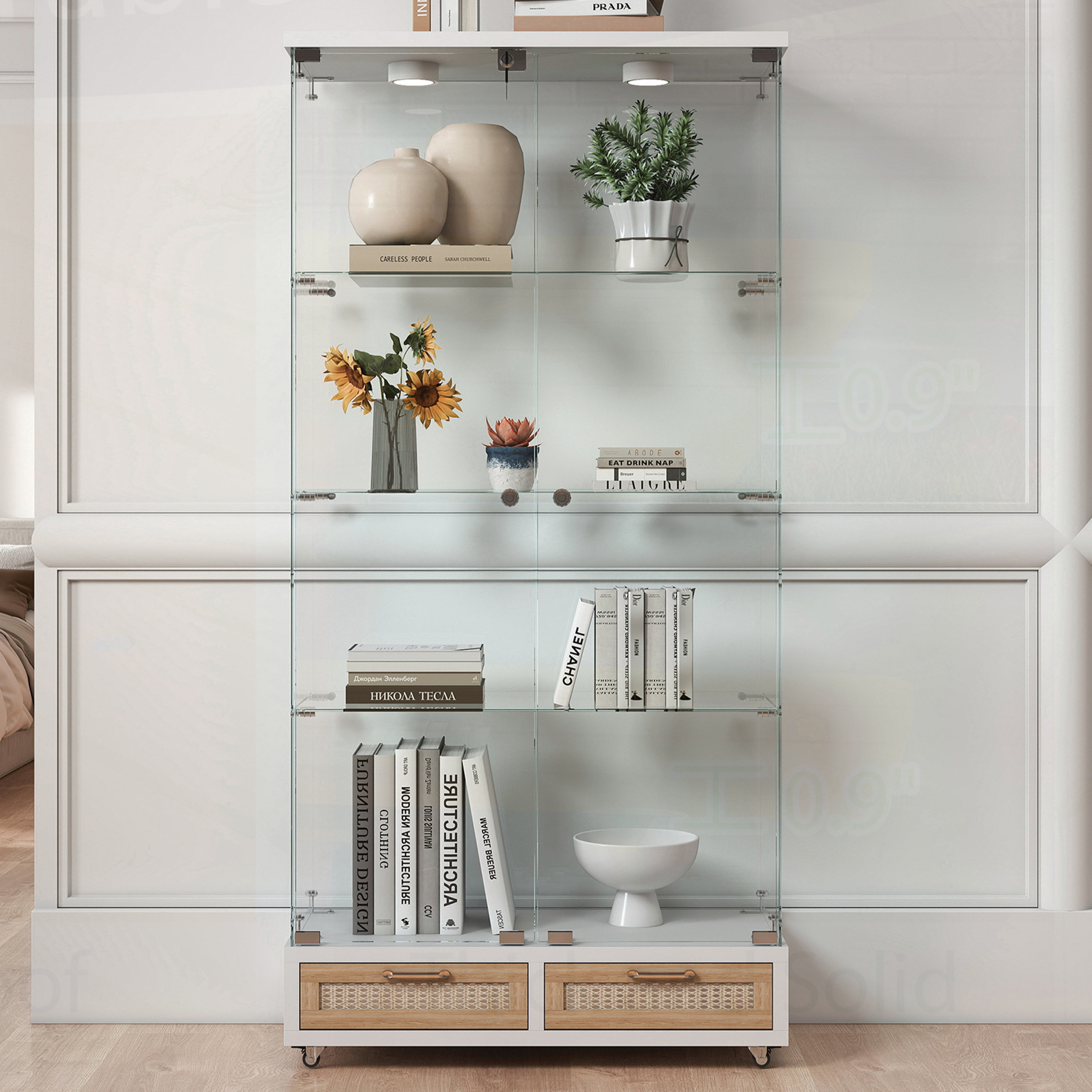 Rongeng Modern Glass Display Cabinet with Large Drawers,Quick-assembly ...