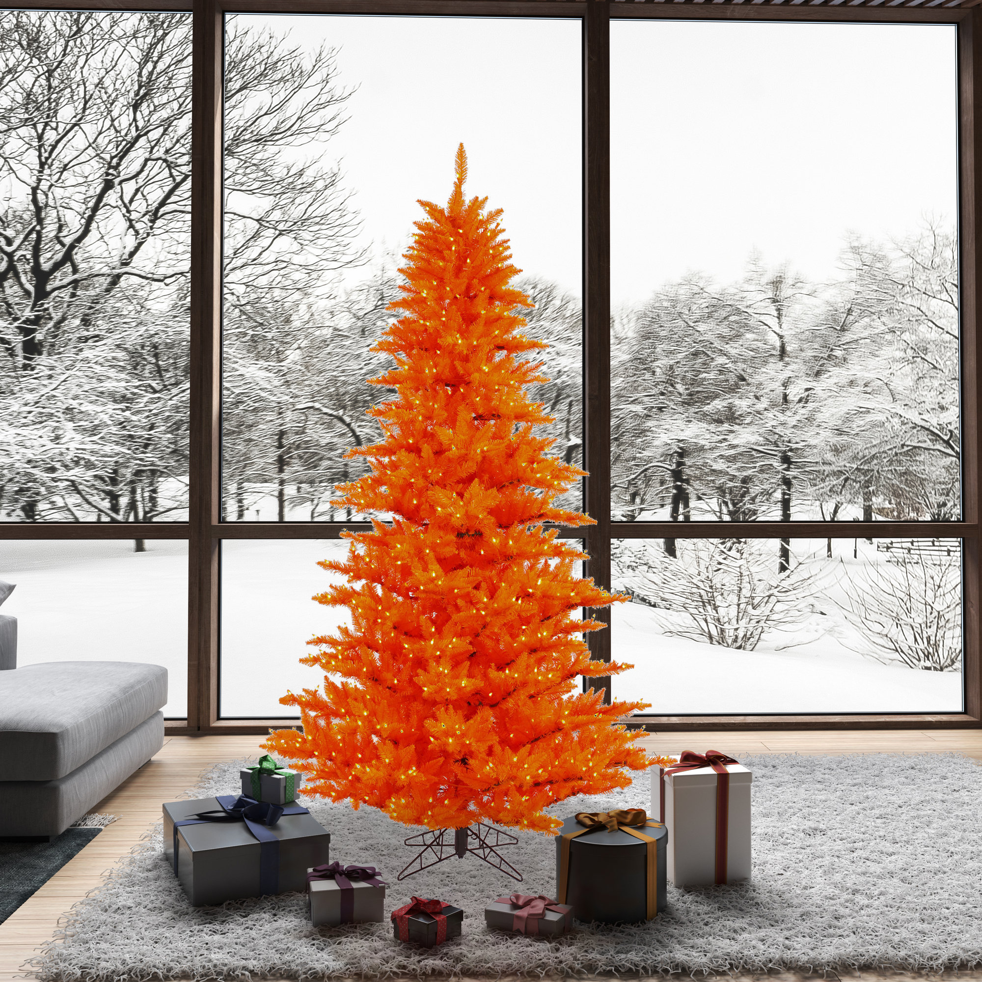 Millwood Pines Orange Artificial Christmas Tree with LED Orange Lights ...
