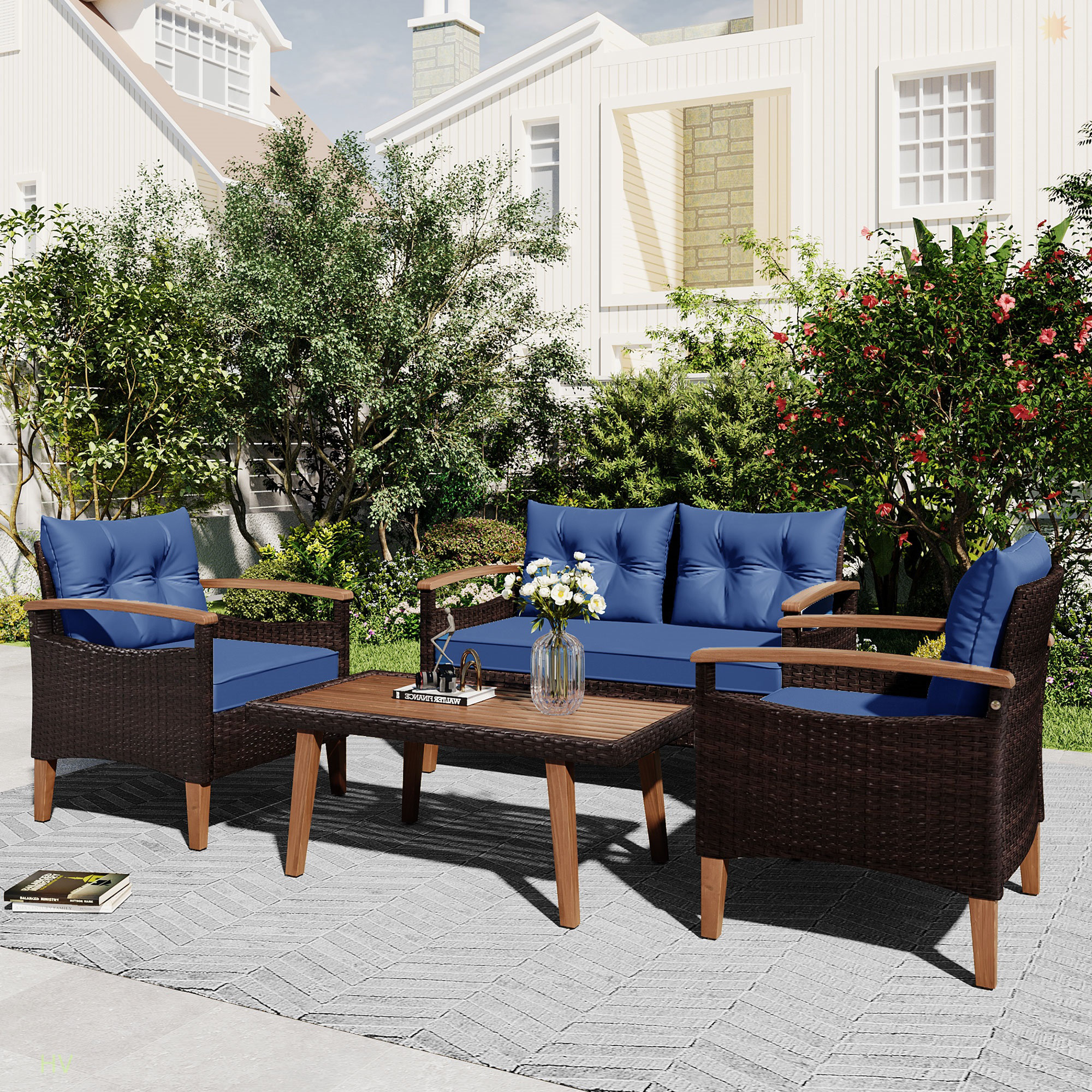 Winston Porter 4-Piece Garden Furniture, Patio Seating Set, PE Rattan ...
