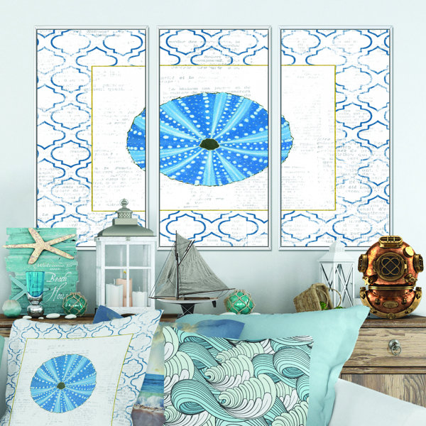 DesignArt Blue Conch Shell On Blue Coastal Pattern Framed On Canvas 3 ...