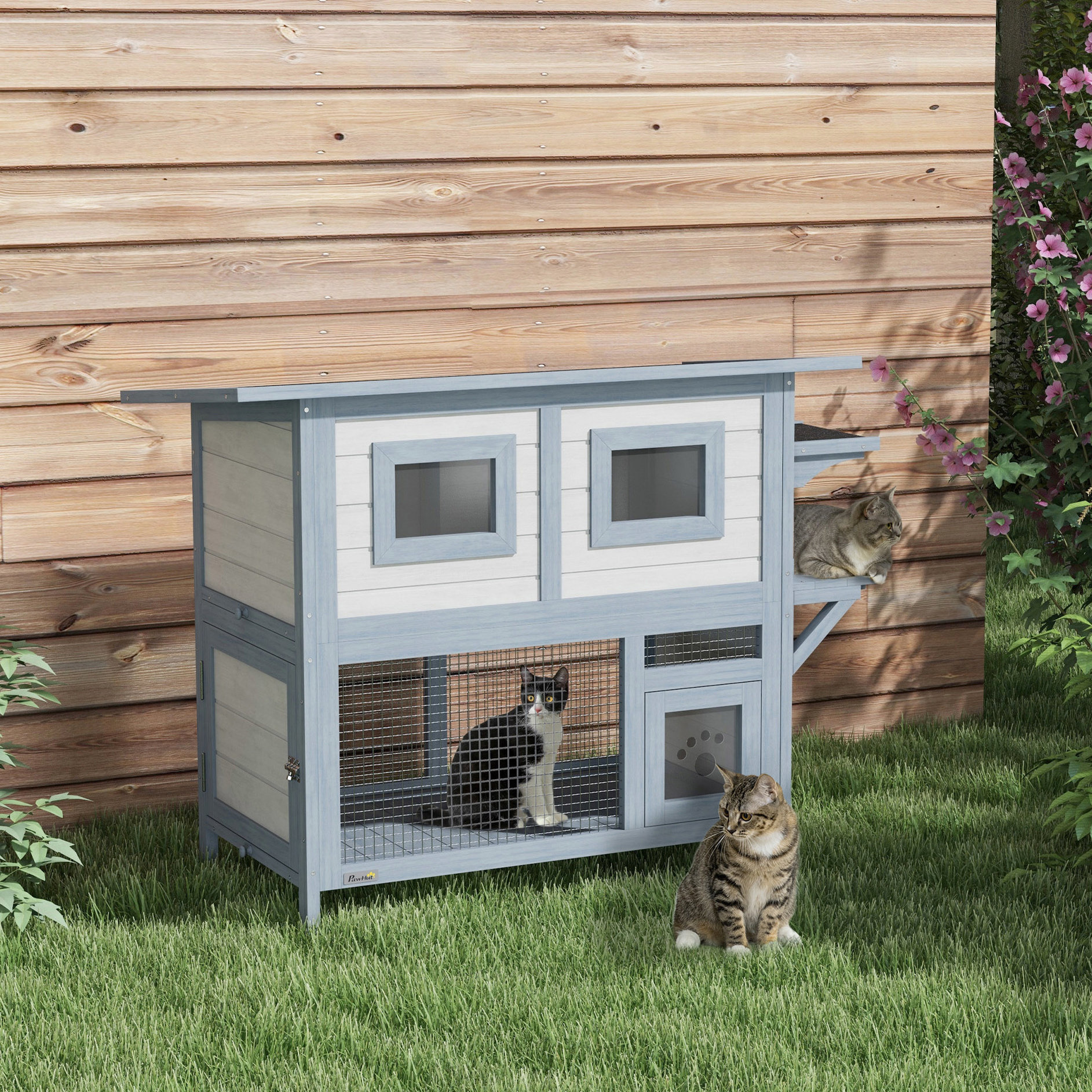 Tucker Murphy Pet™ 2 Tier Cat House Outdoor - Weather . Grey Wooden ...
