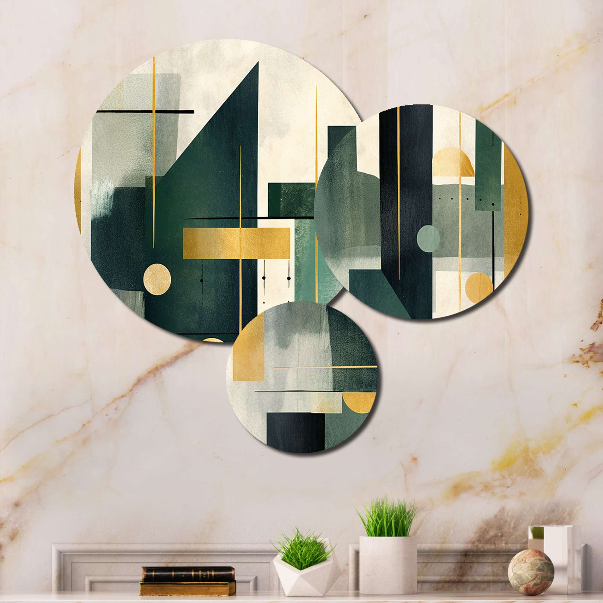 Design Art 3 Gold Green Parallel Universes Round Metal Wall Decor Set ...