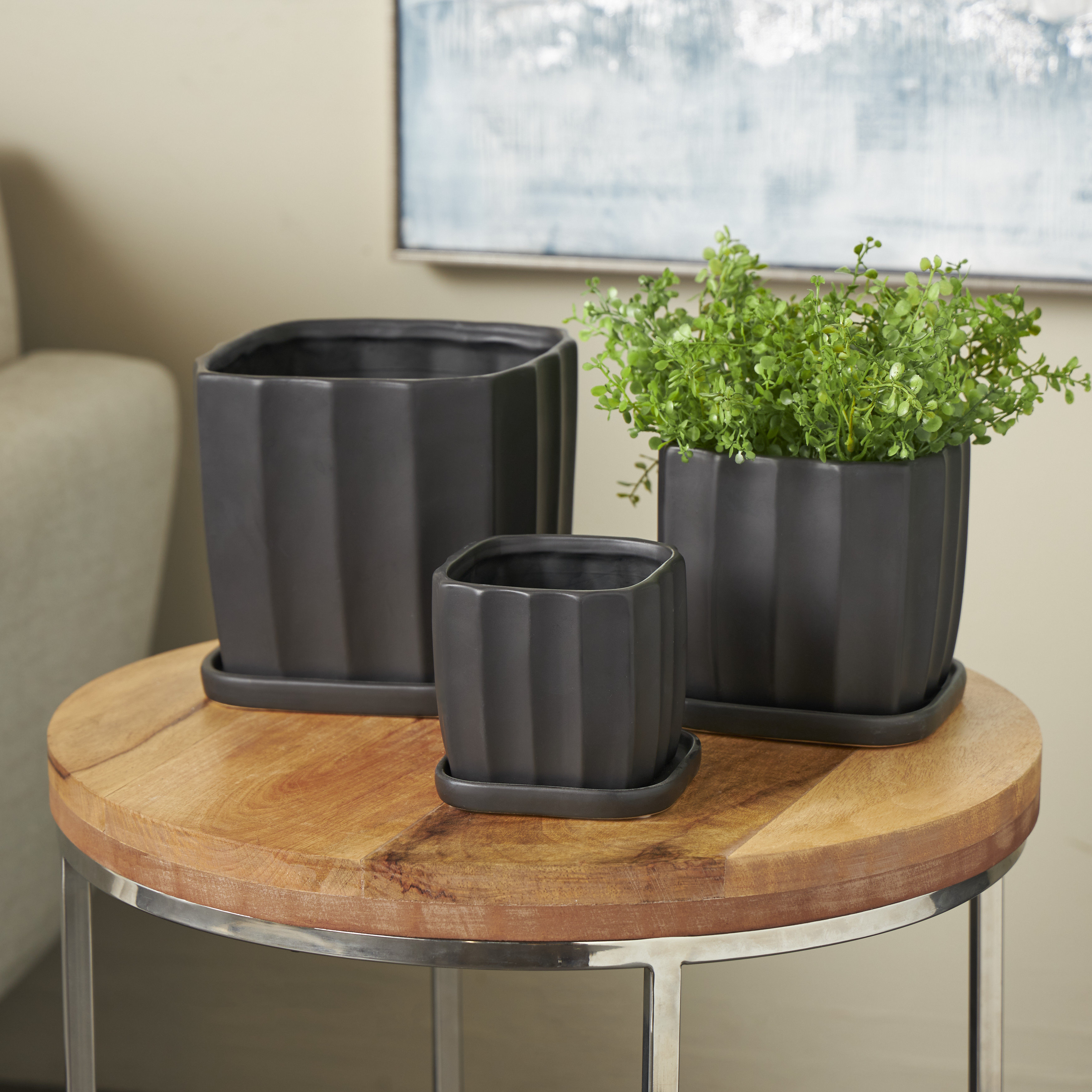 Ebern Designs Cole And Grey 3 Piece Ceramic Ribbed Planter With ...