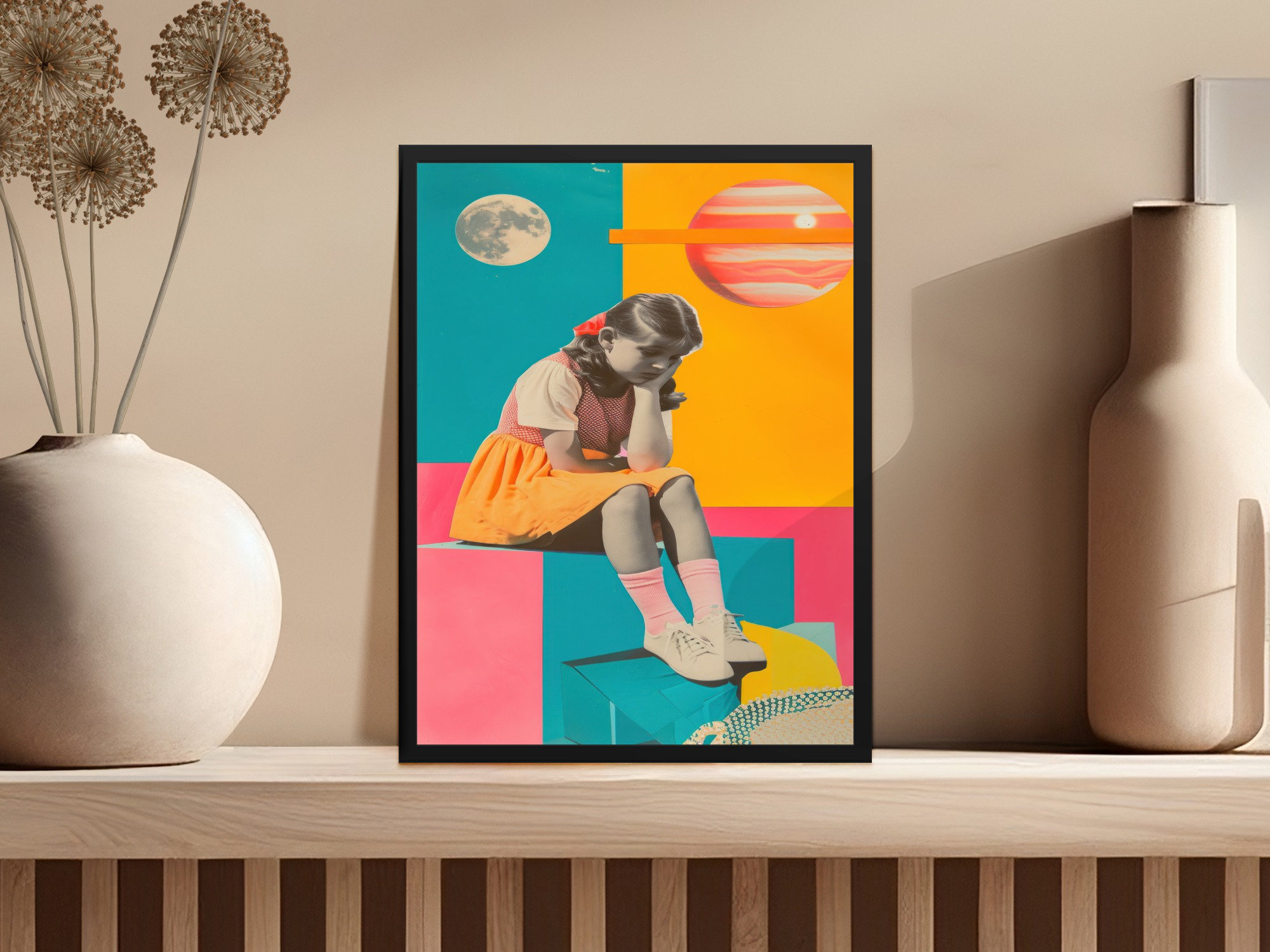 Brayden Studio Girl with Planets Retro Pop Art Collage Style Framed ...