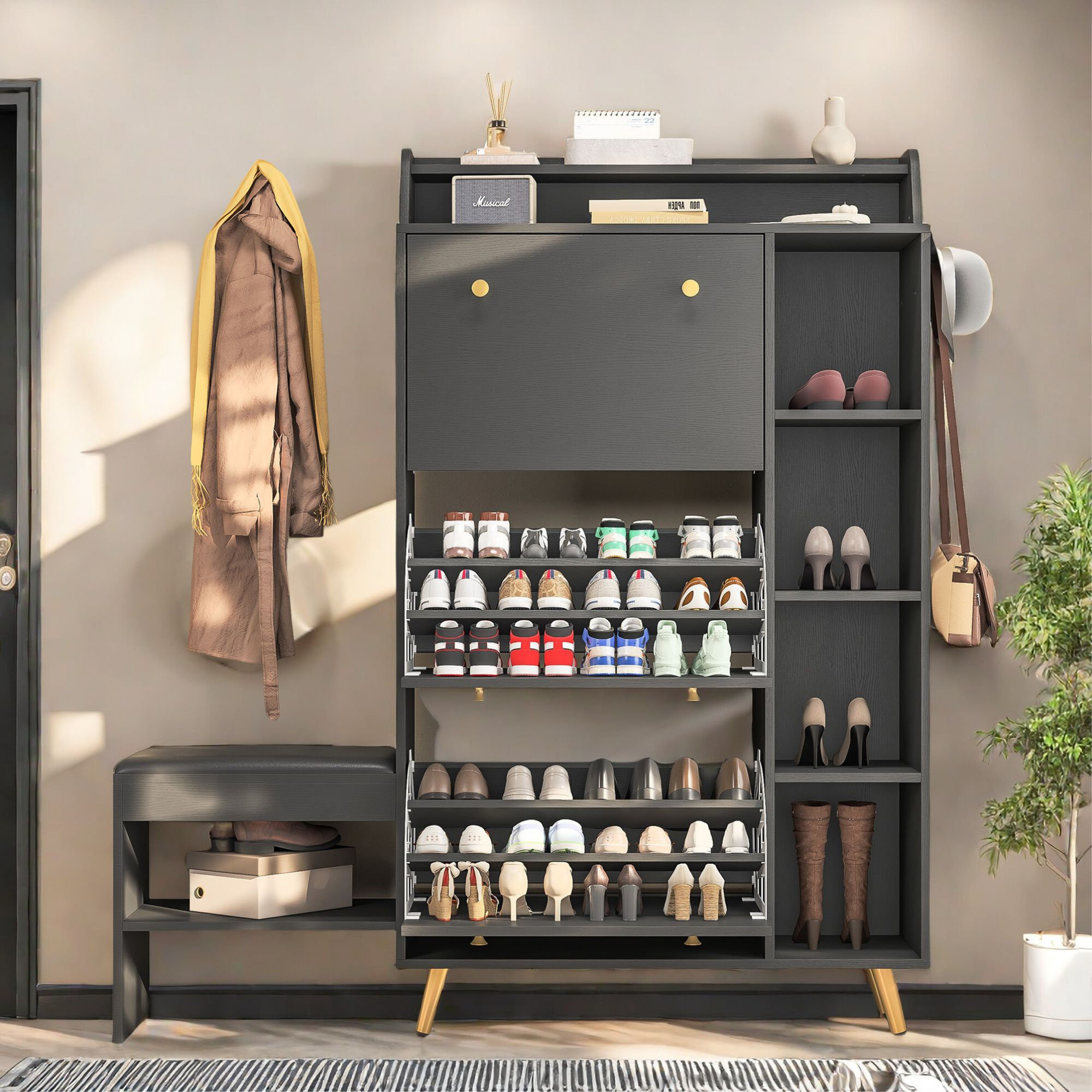 Loon Peak 40 Pair Shoe Cabinet With Bench & Adjustable Shelf, Modern ...