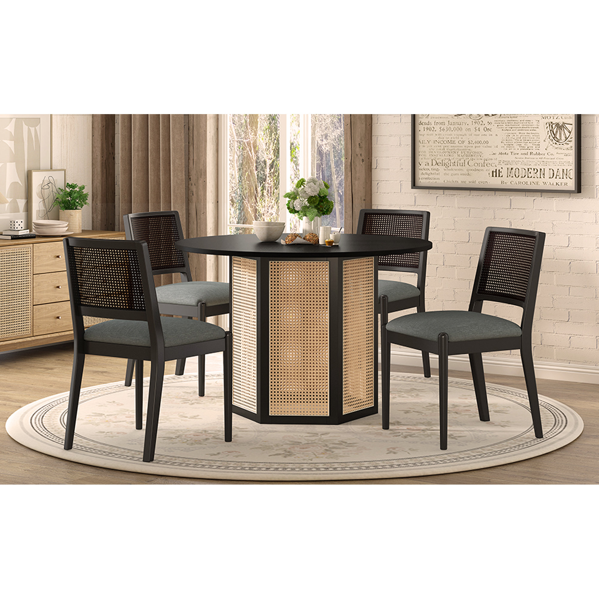 Bay Isle Home™ 5-Piece Rattan Round Dining Table Set, Wood Table with ...