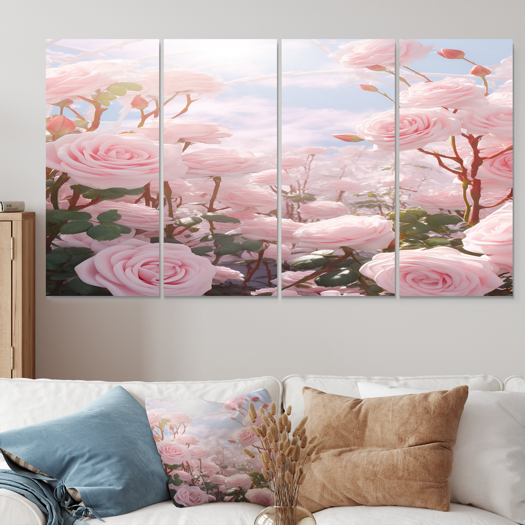 Design Art Pink Roses Vibrant Blue Sunny Sky II - Roses Wall Art Decor ...