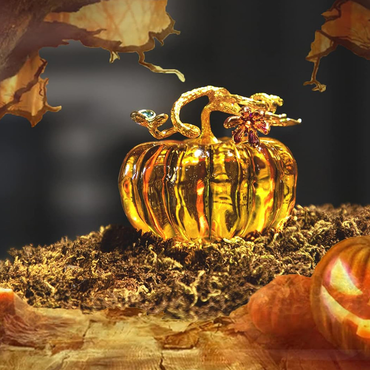 The Holiday Aisle® Crystal pumpkin statues, glass pumpkins decorated ...