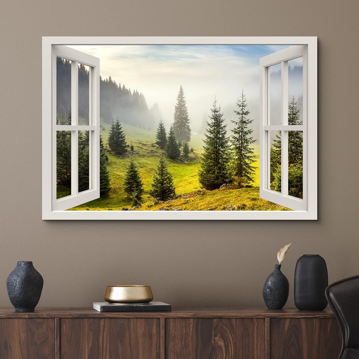 IDEA4WALL Window Scenery " Window View Misty Foggy Pine Tree Mountain ...
