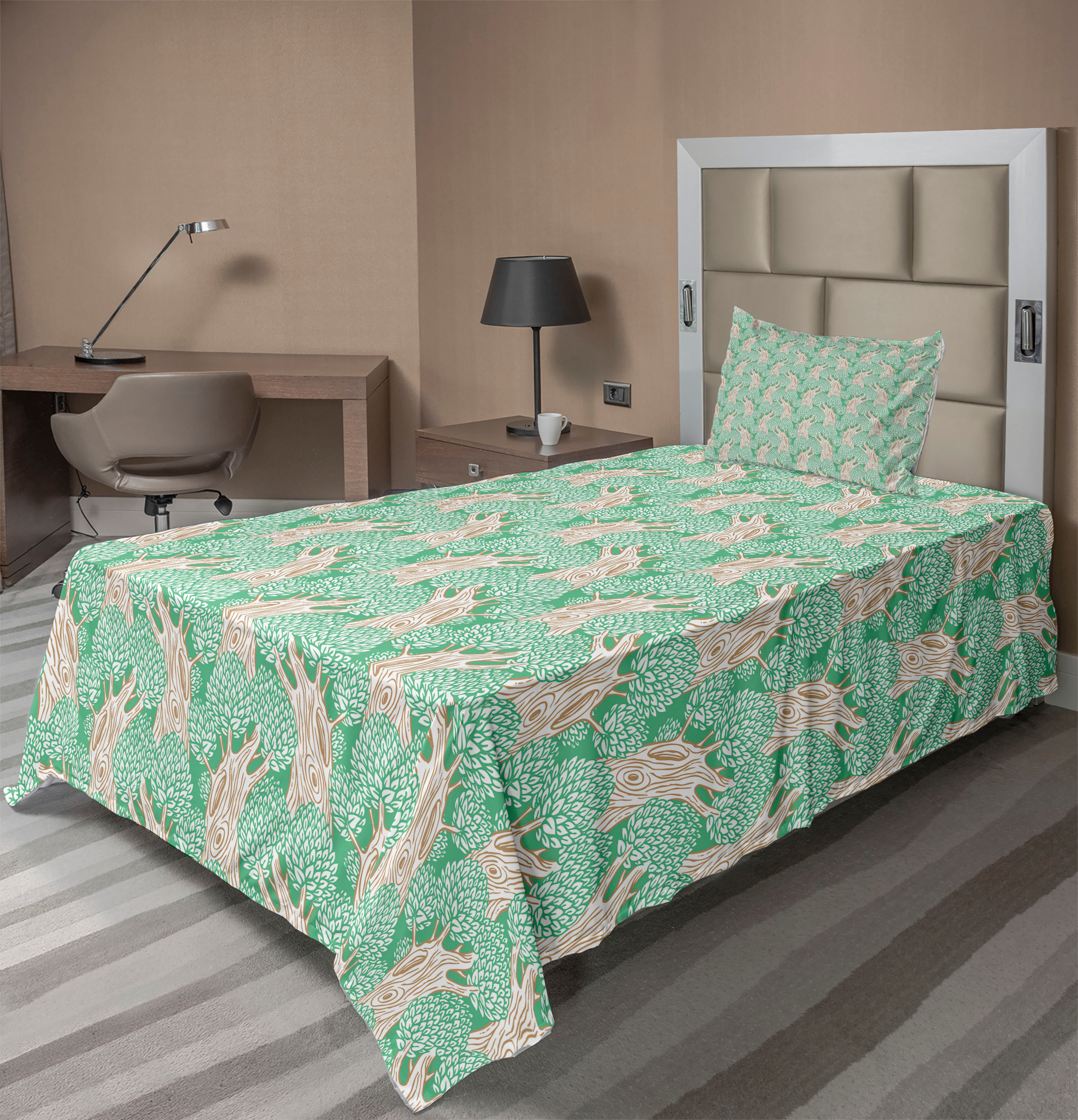 Ambesonne Forest Sheet Set Cartoon Trees Leaves Art Sea Green and Camel ...