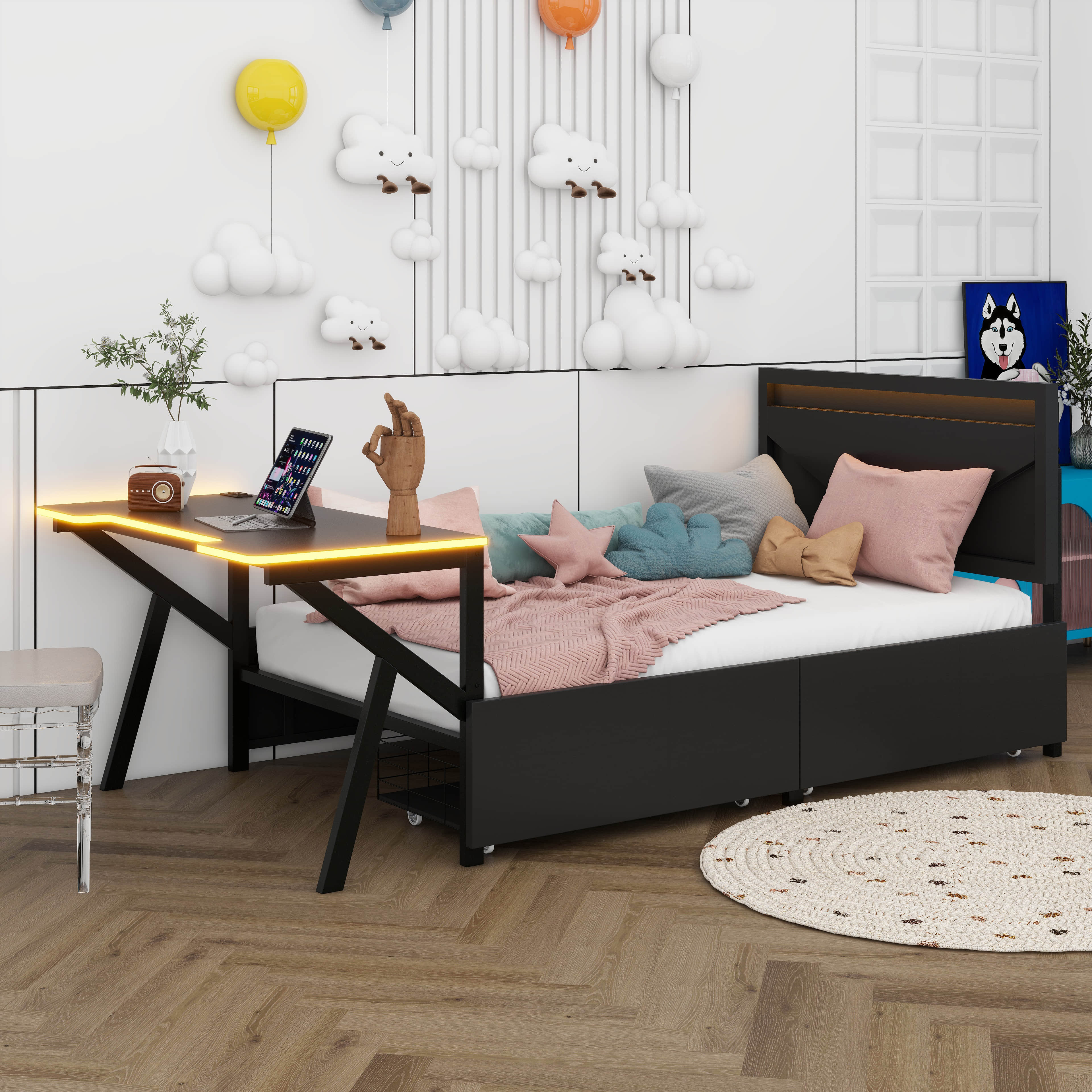 Ivy Bronx Metal Gaming Platform Bed With LED Headboard, LED Desk, USB ...