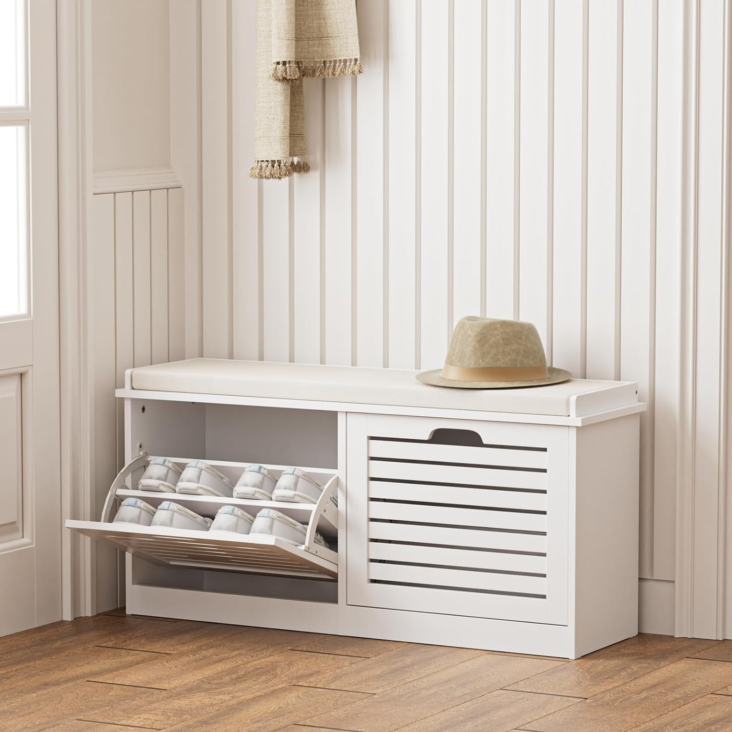 Hokku Designs Shoe Storage Bench With 2 Flip Drawer & Seat Cushion ...