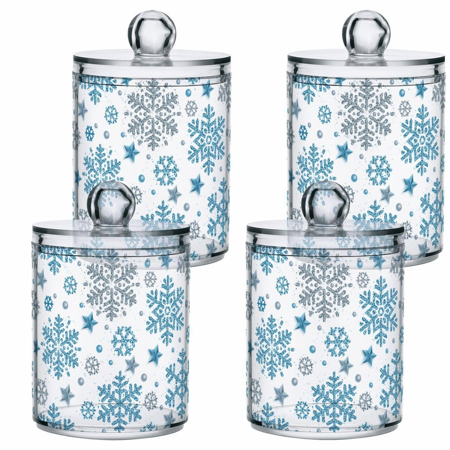 BRBCA Snowflake Sparkle Qtip Holder Set - 4 Pack Silver Blue Glitter Apothecary Jars with Lids ...