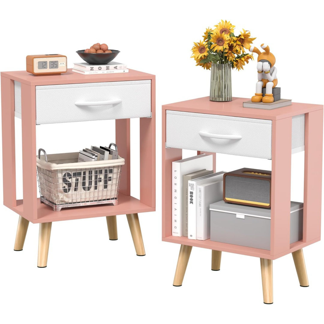 George Oliver Set Of 2 With Fabric Storage Drawer And Open Wood Shelf ...