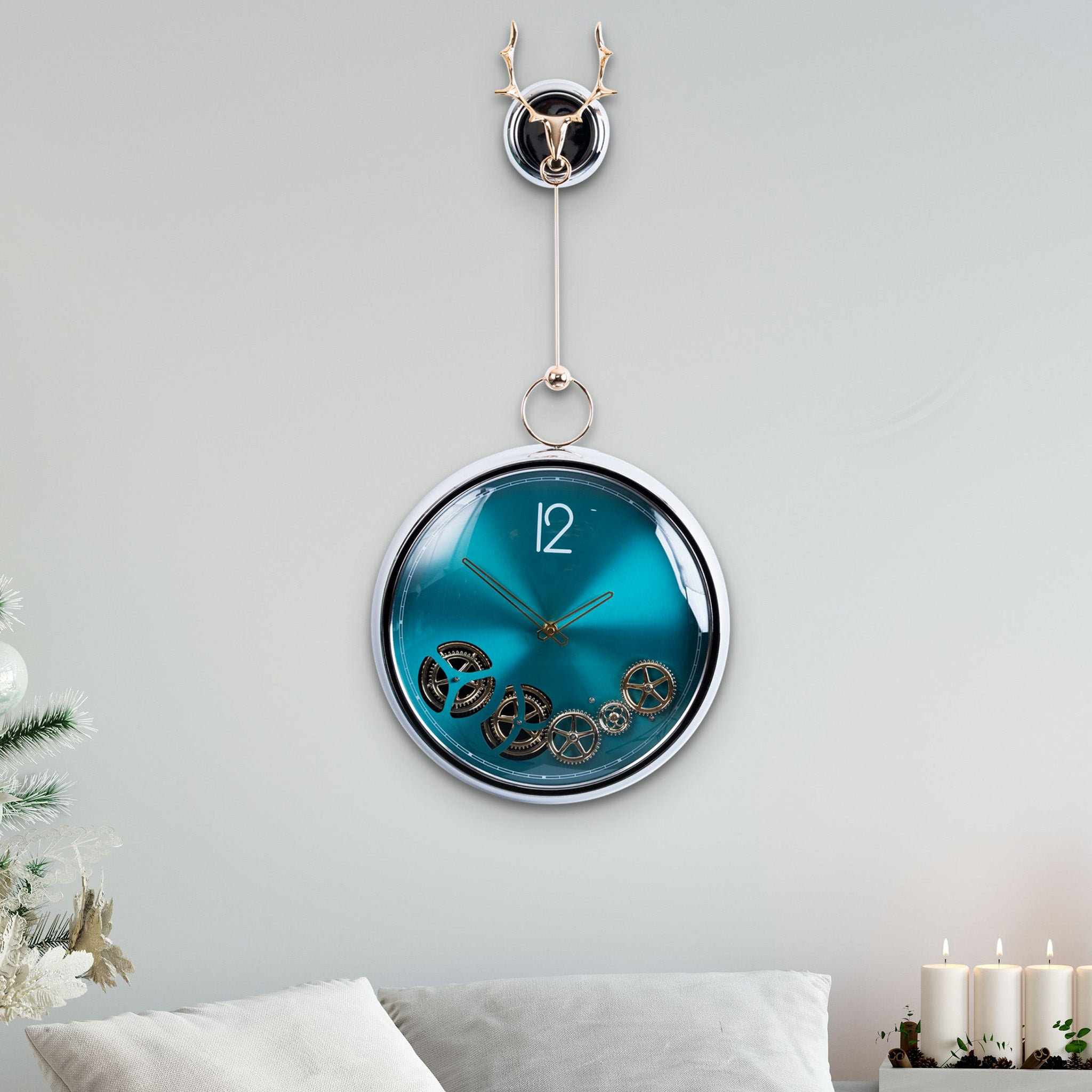 17 Stories Teal Time Elegance: Large Metal Pendulum Wall Clock ...