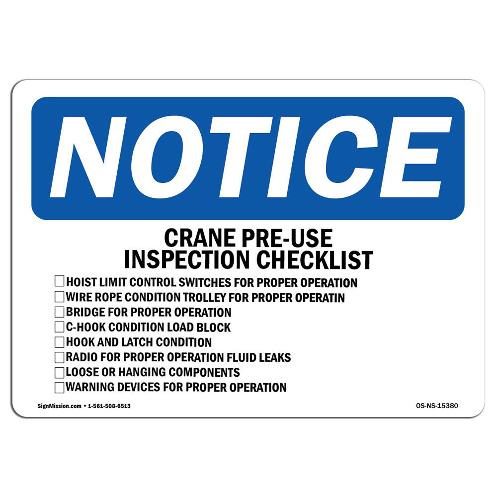 SignMission Crane Pre-Use Inspection Checklist Aluminum Sign 12 x 18 ...