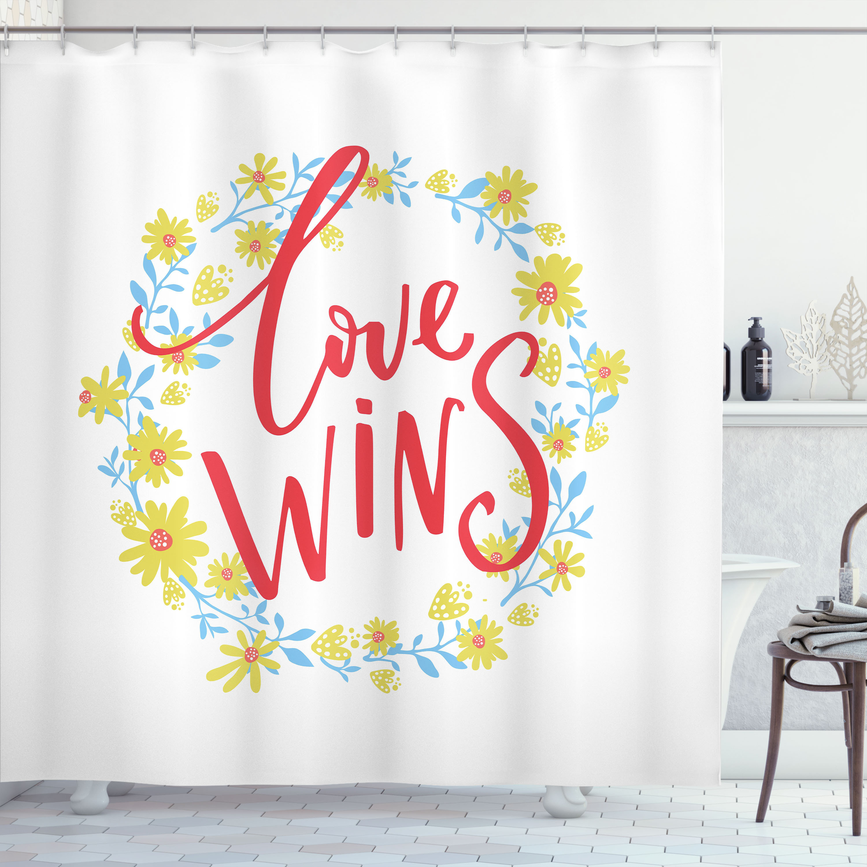 East Urban Home Rolison Saying Shower Curtain Love Wins Floral Wreath ...