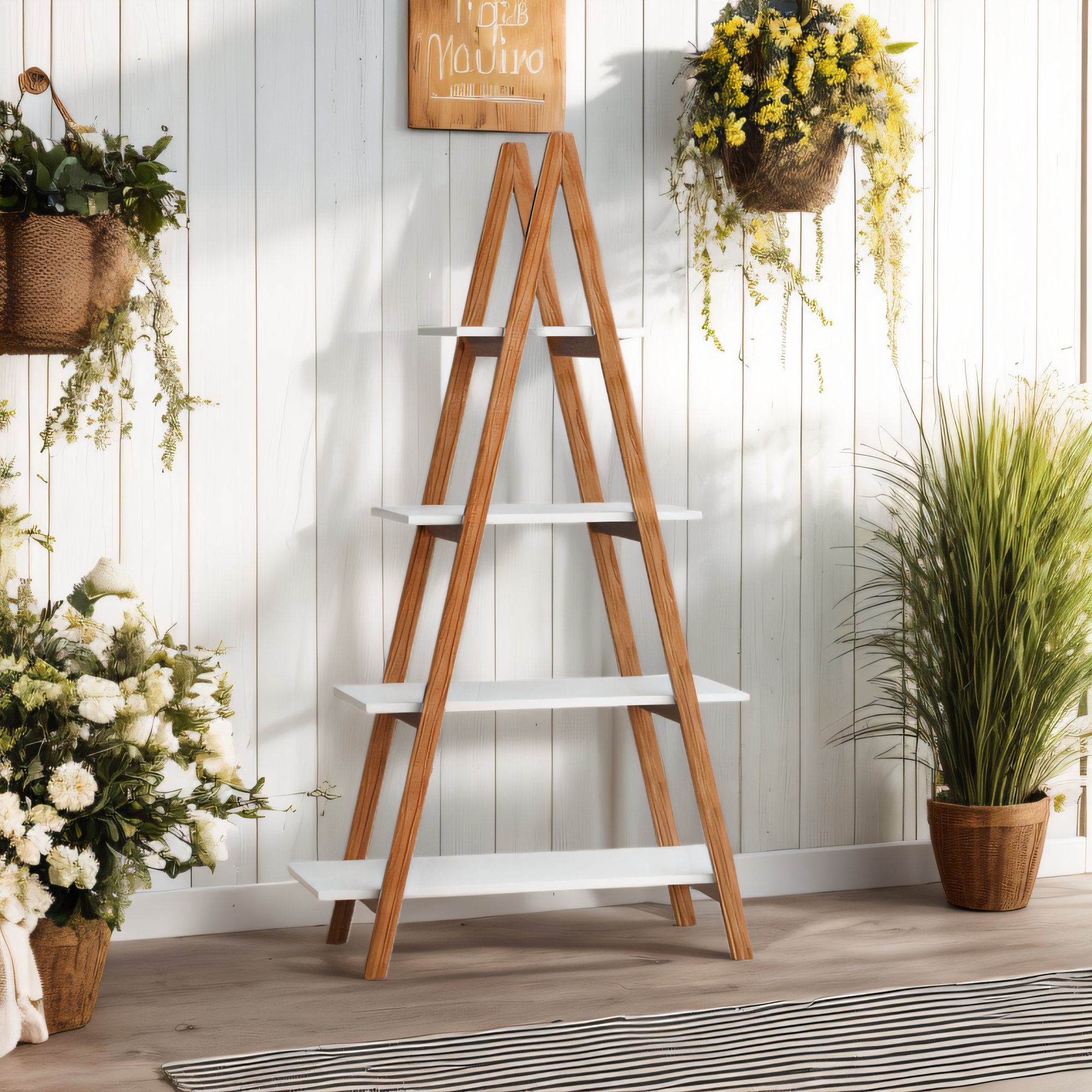 Latitude Run® 4-tier Ladder Shelf, Bamboo Ladder Sid Storage Shelves ...