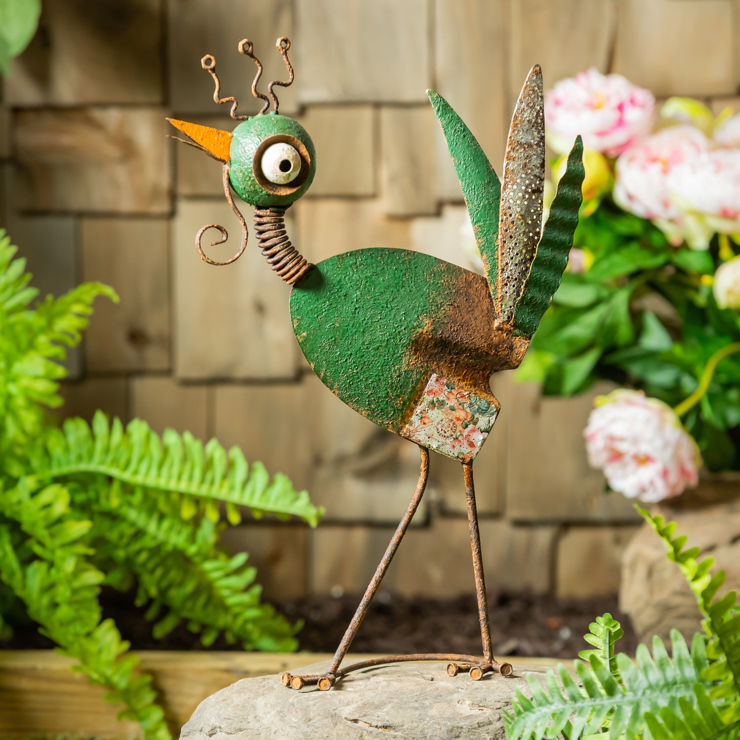Rosalind Wheeler Boro 19.25" Rustic Metal Chicken with Spring Neck ...