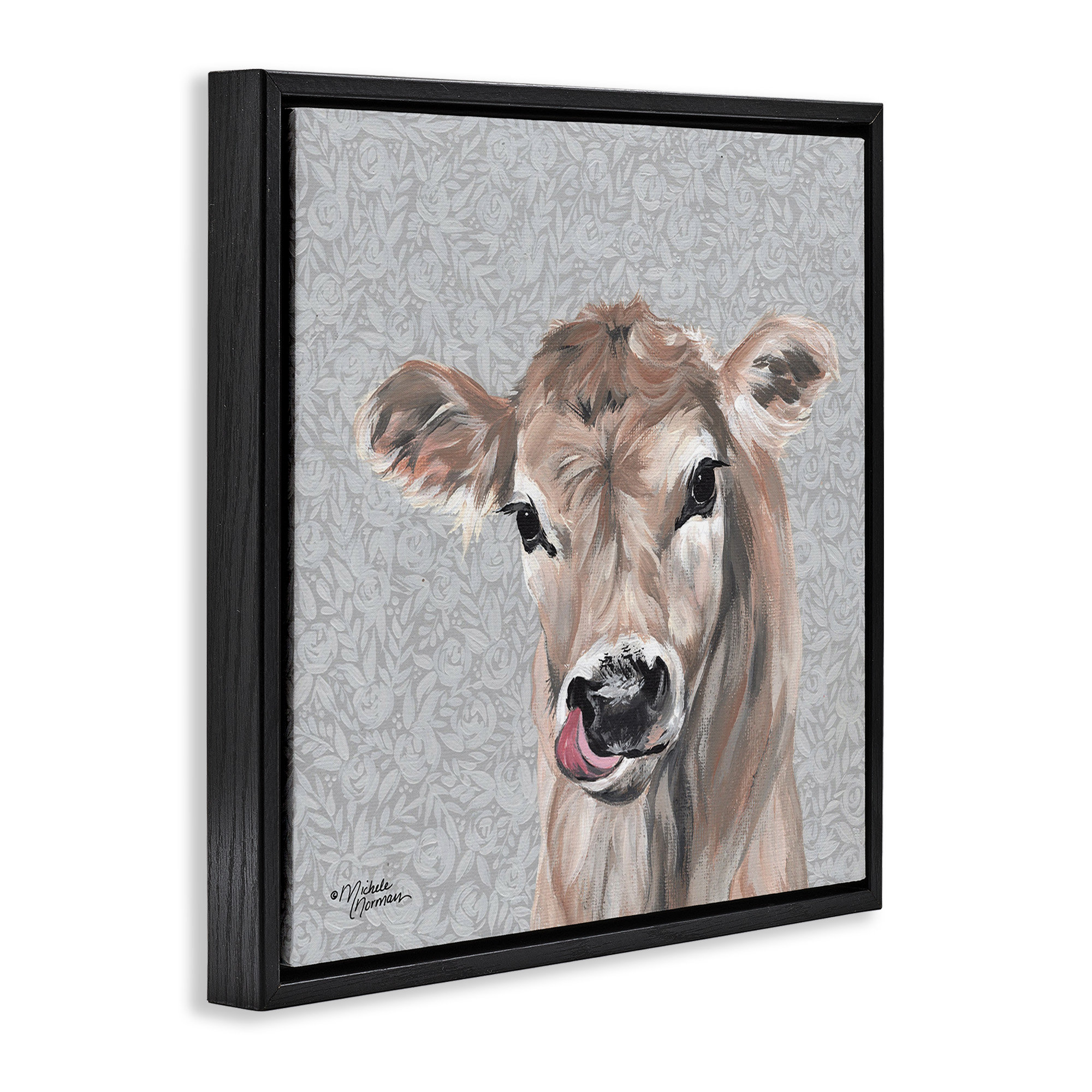August Grove® Young Calf Portrait on Floral Framed Floater Canvas Wall ...