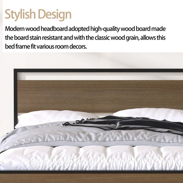 17 Stories Sederick 40'' Metal and Wood Bed Frame, Walnut Headboard and ...