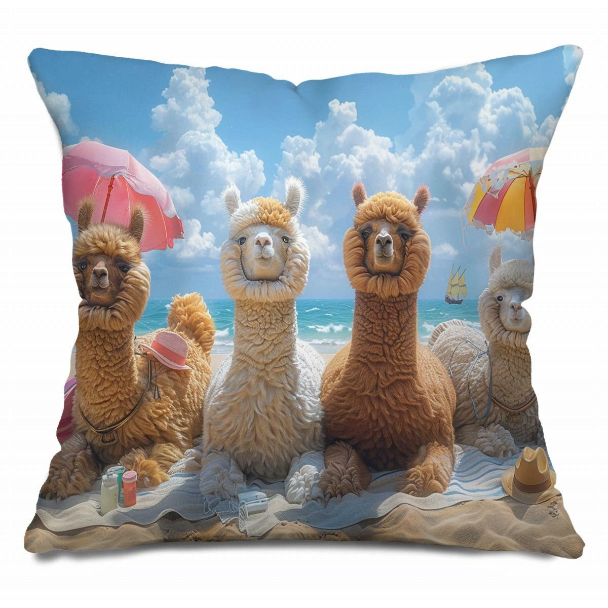 VisionDecor 12946_Beach Alpacas Throw Pillow, Artwork Cotton Twill ...