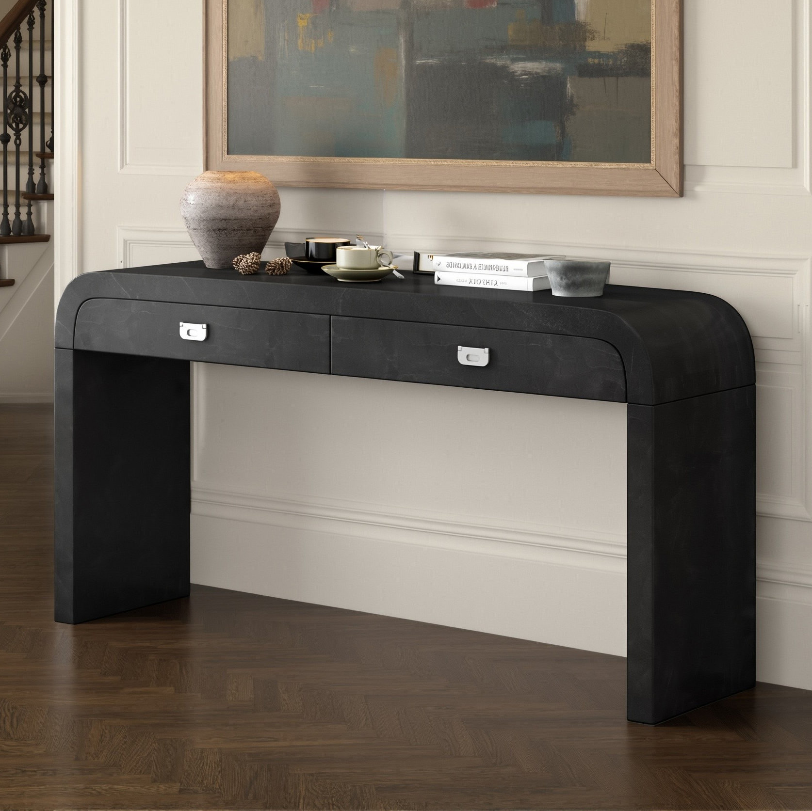 Latitude Run® 60" Modern Waterfall Console Table, Curved Burl Wood ...