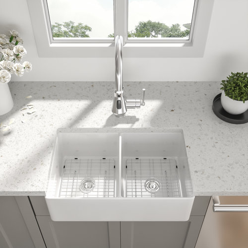 Beslend 32'' L Undermount Double Bowl White Ceramic Kitchen Sink | Wayfair
