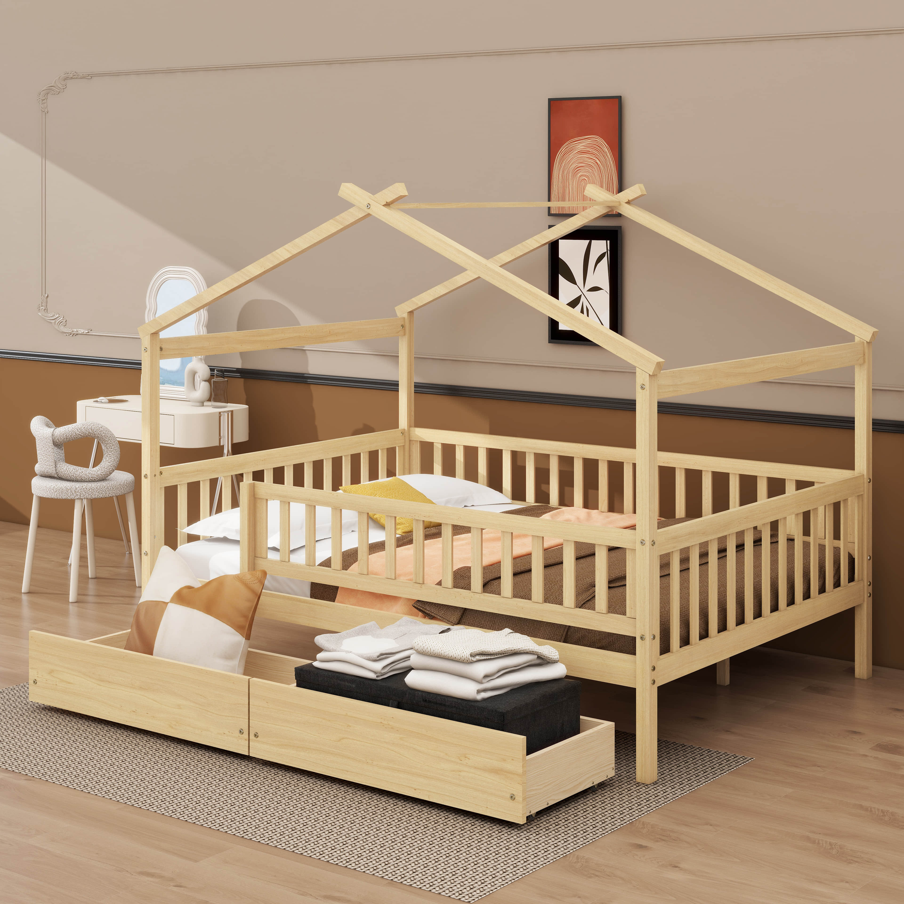 Ophelia & Co. Full-Size Wooden Cabin Bed With Dual Integrated Drawers ...