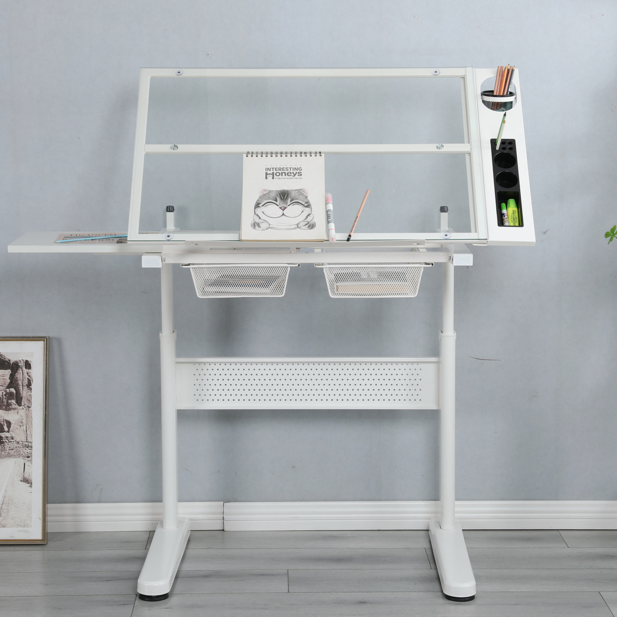 Inbox Zero Hand Crank Adjustable Drafting Table Drawing Desk With 2 ...