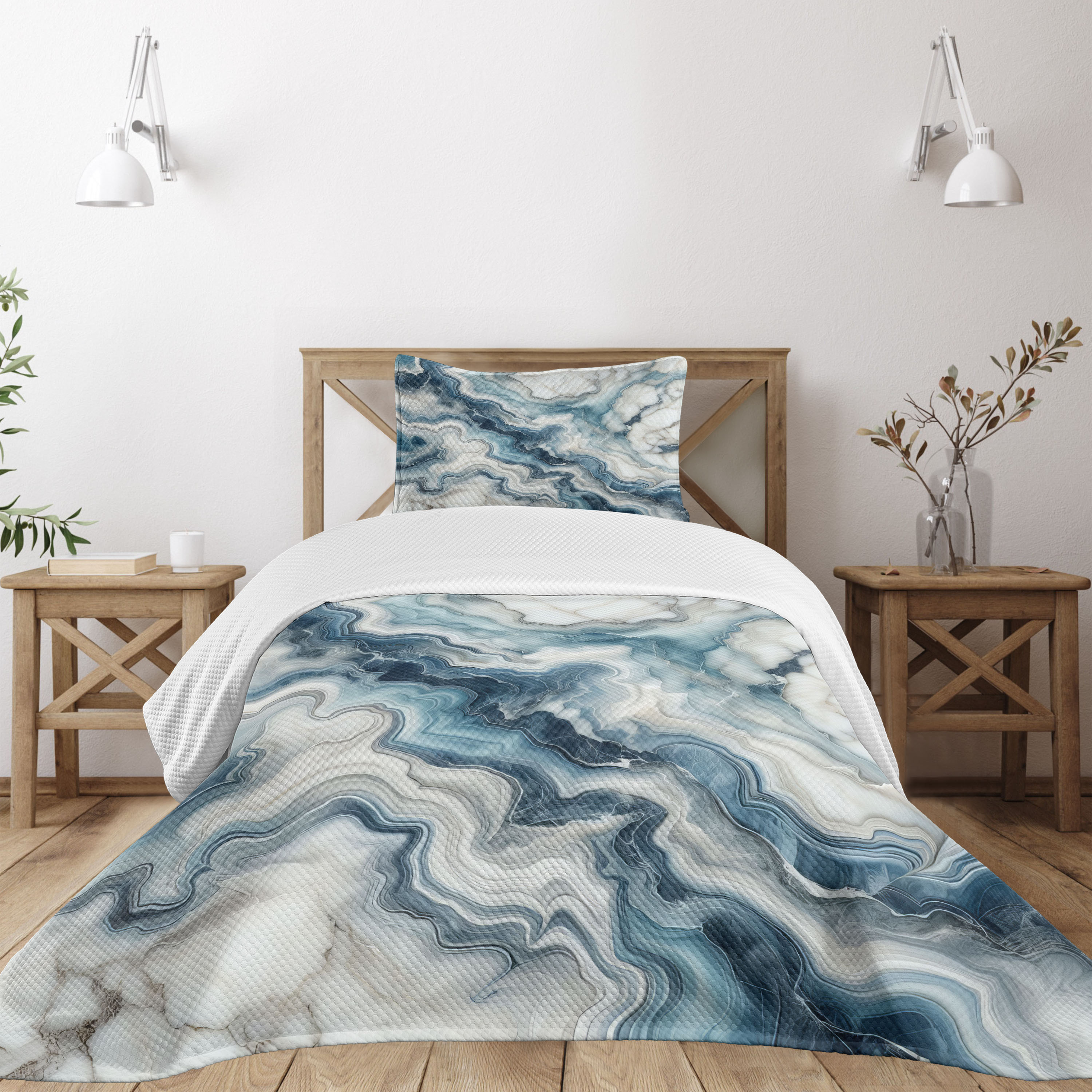 Ambesonne Blue Bedspread Set Marble Print Deep Sky Colors Sea Blue and ...