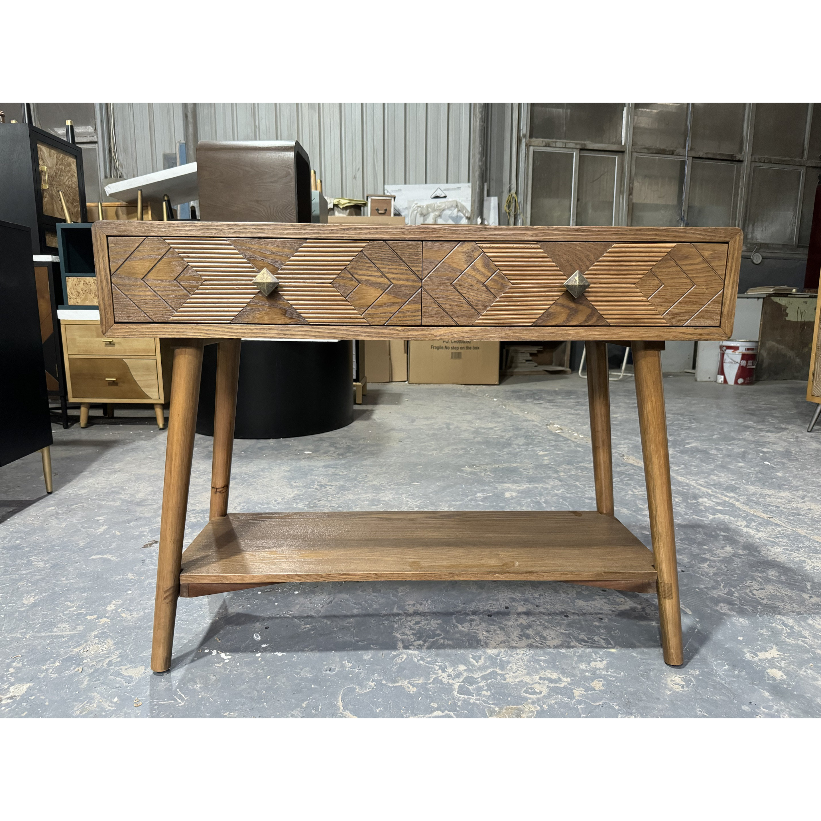 Ahokua Walnut Console Table With Geometric Fluted 2-Drawers And Open ...