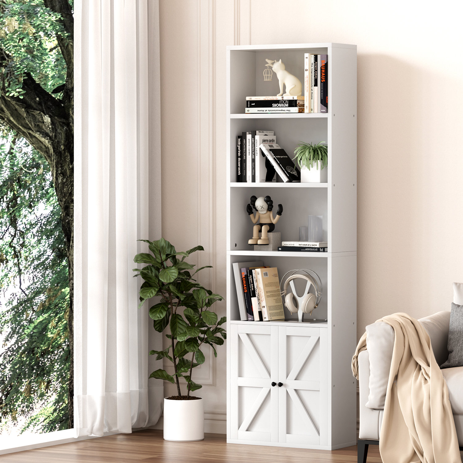 Gracie Oaks Aleysha Tall Bookshelf with Doors, Storage Bookcase, Free ...