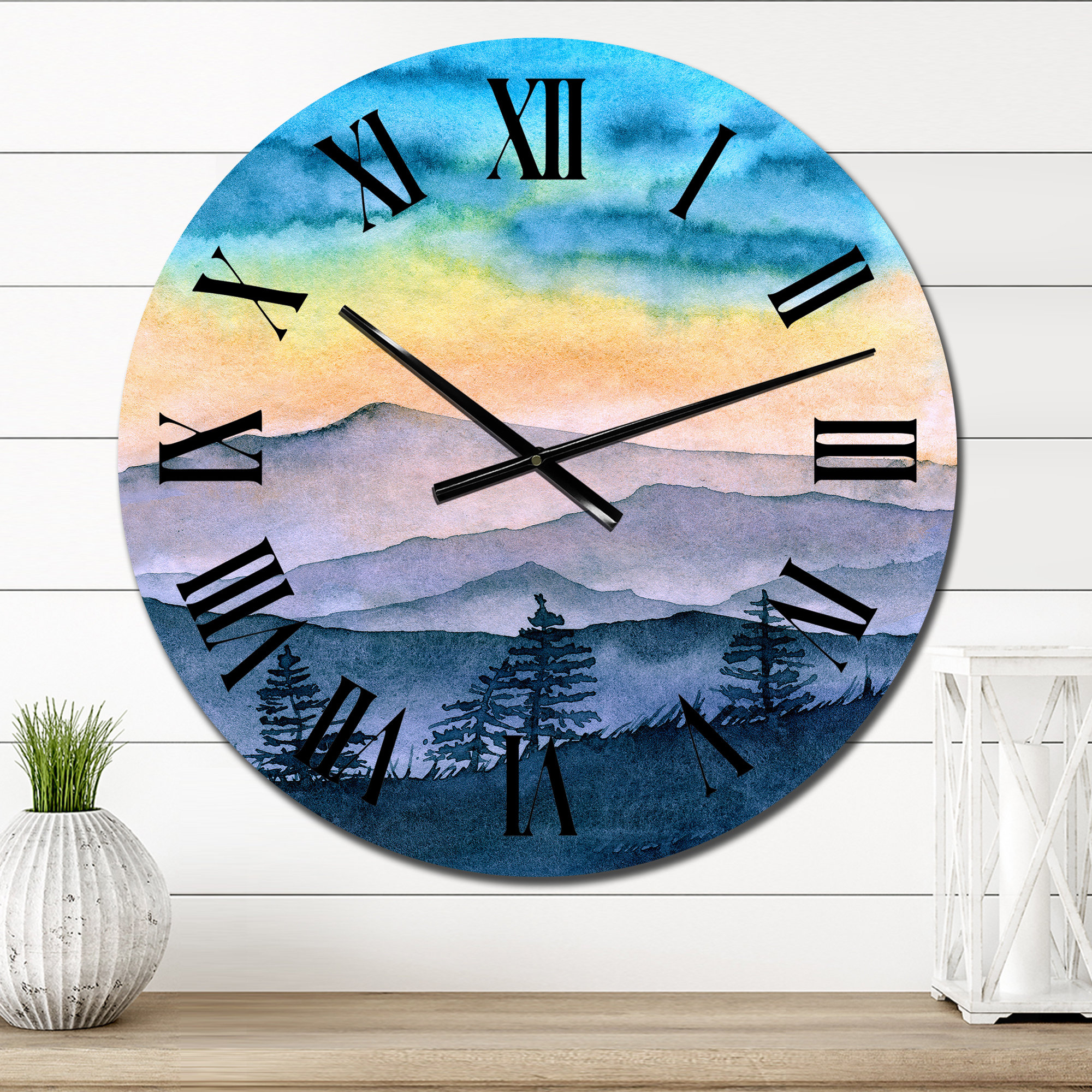 East Urban Home Landscape with Distant Misty Mountains at Sunset ...